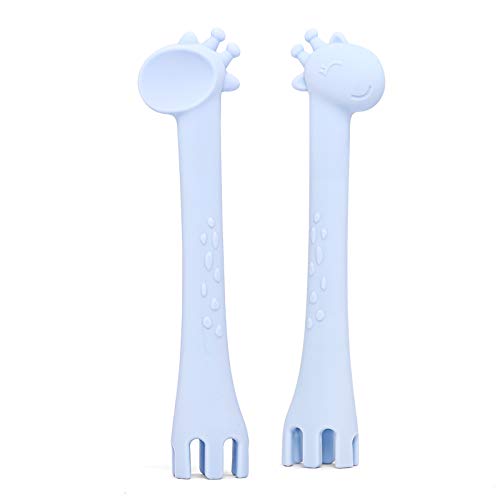 Just4Tots by MAD 3 in 1 Giraffe Silicone Safety Feeding Spoon, Fork, and Teether | Self-Soothing Giraffe Teether for Babies, Infants, Toddlers, Girls or Boys | BPA Free | 0-36 Months (Pastel Blue)