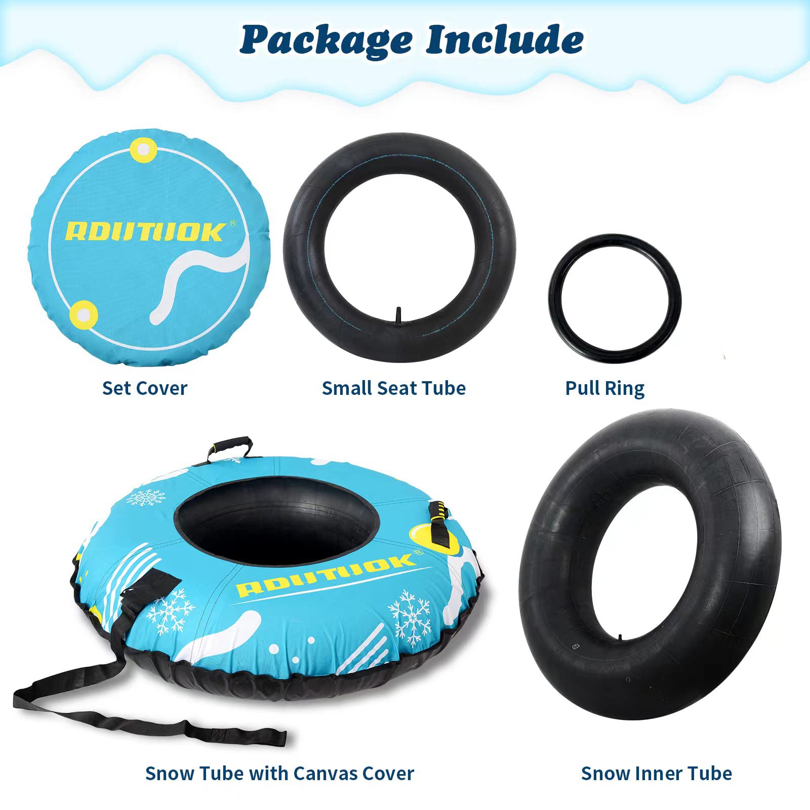 Rdutuok 47 Inch Inflatable Heavy Duty Snow Tube with Premium Canvas Cover and Nylon Tow Strap Safety Cushion Snow Tubes for Sledding