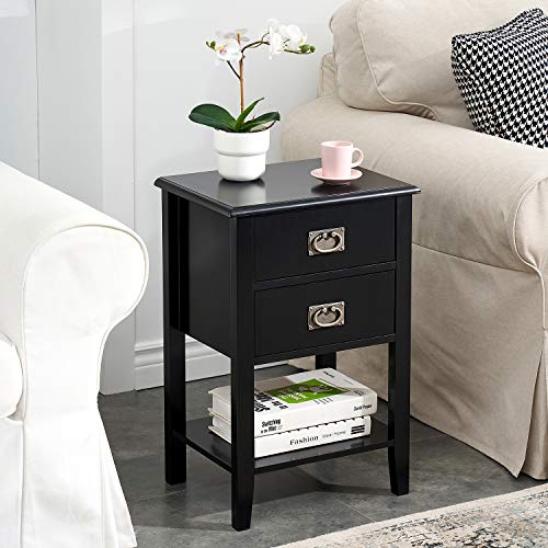 VECELO Nightstands Set of 2 End/Side Tables for Living Room Bedroom Bedside, Vintage Accent Furniture Small Space, Solid Wood Legs, Two Drawers, Black