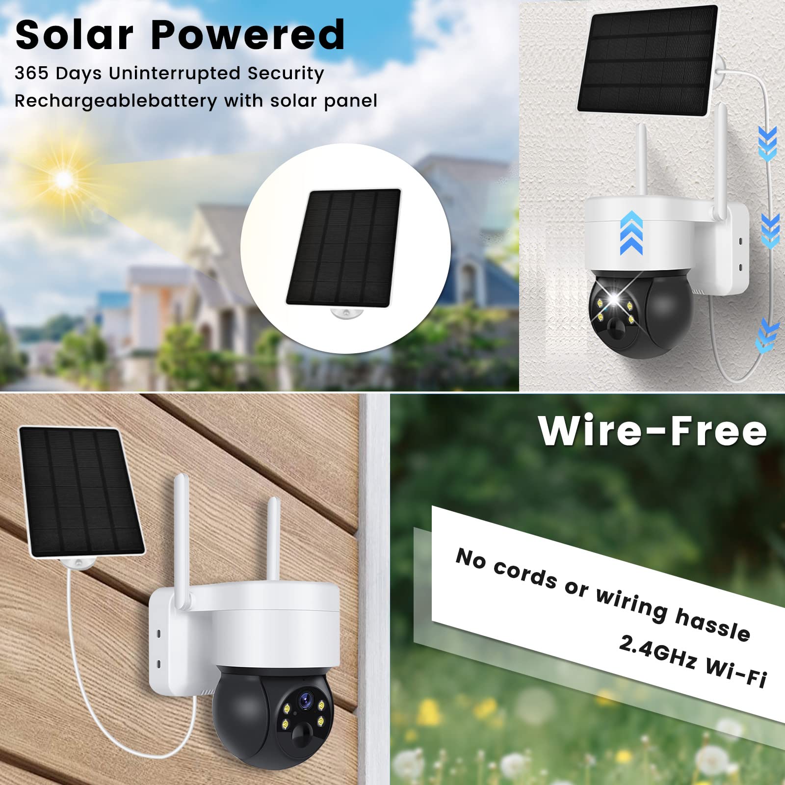 Roinvou Solar Security Camera Wireless Outdoor, IP66 Waterproof Rechargeable Wireless Battery Powered with Solar Panel, PIR Human Detection, 2-Way Talk, Color Night Vision, Remote Access, Cloud/SD