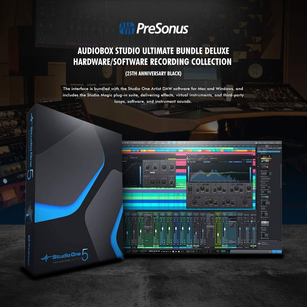 Presonus AudioBox 96 Ultra-Compact 2x2 Type-C USB Audio/MIDI Interface Bundle w/ Studio One Artist Software + Studio Magic plug-in Suite + Pro DJ Headphones + Pro Audio XLR Cables and more