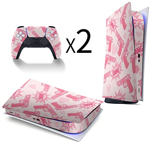 Pink Pattern with Gun Full Protective Skin Cover Design Wrap Decal Sticker Compatible with PS5 Digital Edition Console and Controller
