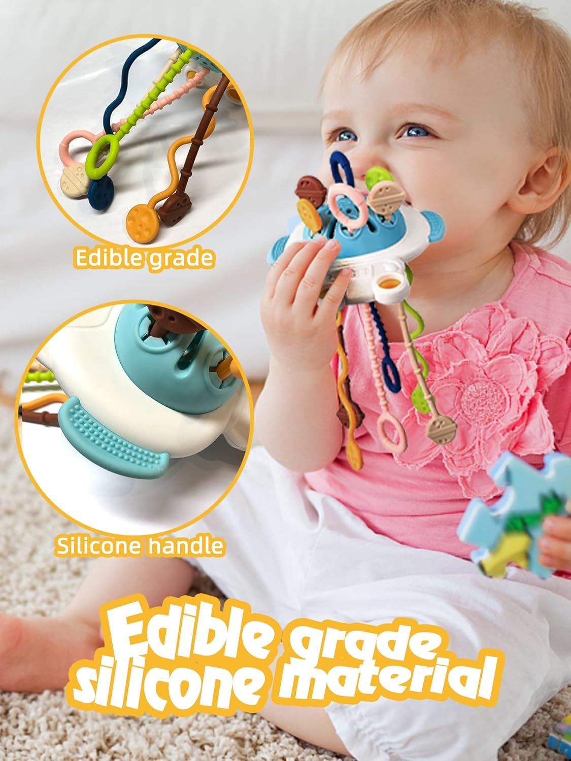Montessori Pull String Toys for Baby, Silicone Sensory Toys with Food Grade Pull String Activity - Travel Toys, Teething Strings for 1 Year Old Toddler, Early Development Birthday Toy for Babies