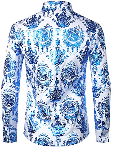 ZEROYAA Men's Luxury Shiny Design Slim Fit Long Sleeve Button up Dress Shirts ZZCL47 White Royal X Large