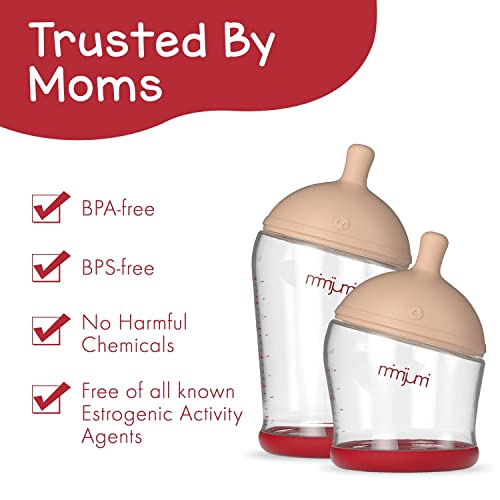 mimijumi Growing Up Baby Bottle Set (4 pcs.) Transition Pack - Lighter Slow Flow to Fast Flow Nipples, 4 oz to 8 oz Anti-Colic Bottles for Breastfed Babies - Newborn to 18 Months