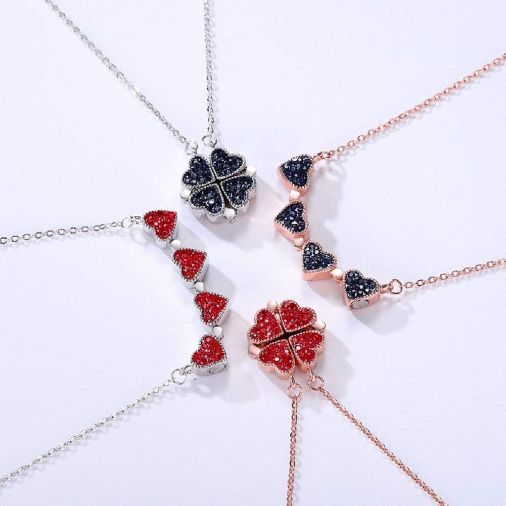 Lam Sence Sterling Silver Heart Shaped and Four Leaf Clover Convertible Pendant Necklace Crystals Jewelry for Women(Rose Gold)