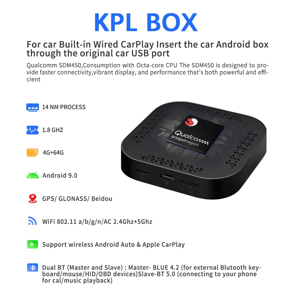 LEXXSON Wireless CarPlay Android Ai Box Wired to Wireless Android 9 Qualcomm Octa-core 4G+64G, Plug and Play