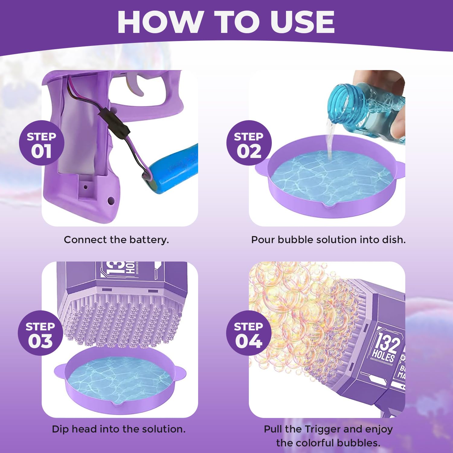 Kubromsky 132 Hole Bubble Machine Gun with Lights for Kids and Adults - Bazooka Bubble Gun for Kids and Special Events - 5000+ Bubble Blaster Per Min - Electric Rocket Bubble Gun (Purple)