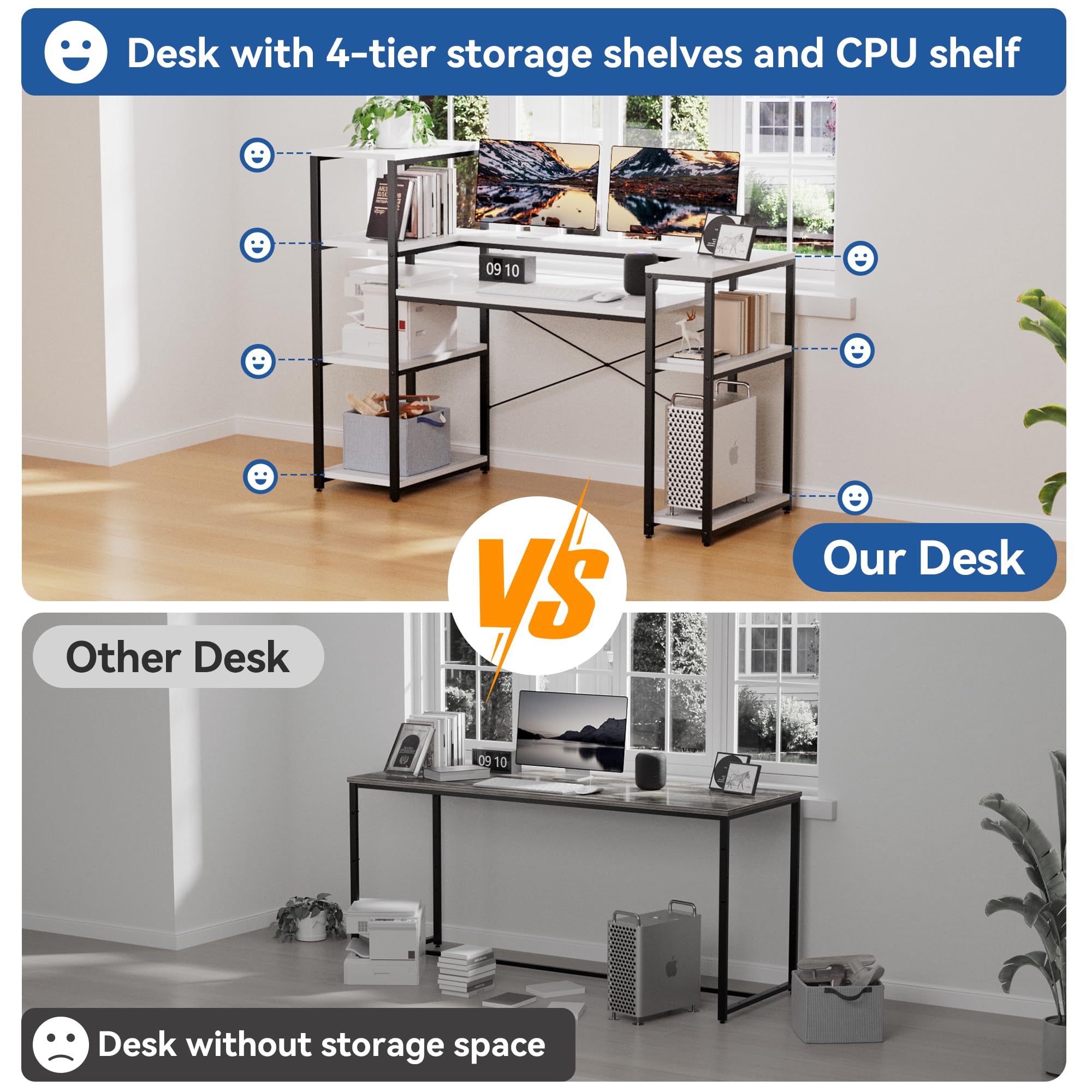 HYPIGO White Computer Desk with Printer Shelf, 63 Inch Industrial Office Desk with Storage Shelves, Writing Workstation with Bookshelf, Study Table for Home Office