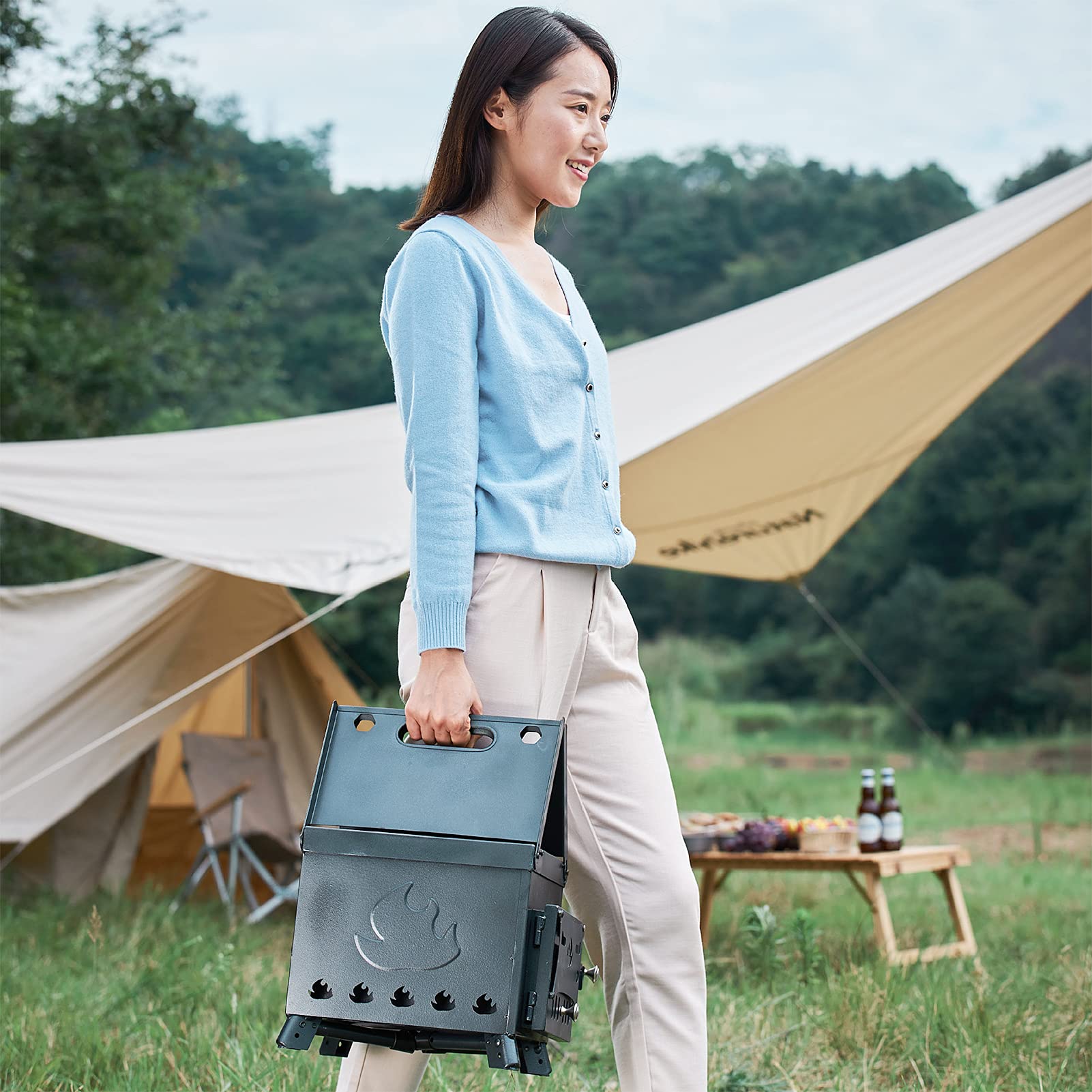 MengK Portable Foldable Wood Burning Stove Camp Tent Stove with Chimney Pipe for Tent Shelter Heating Cooking