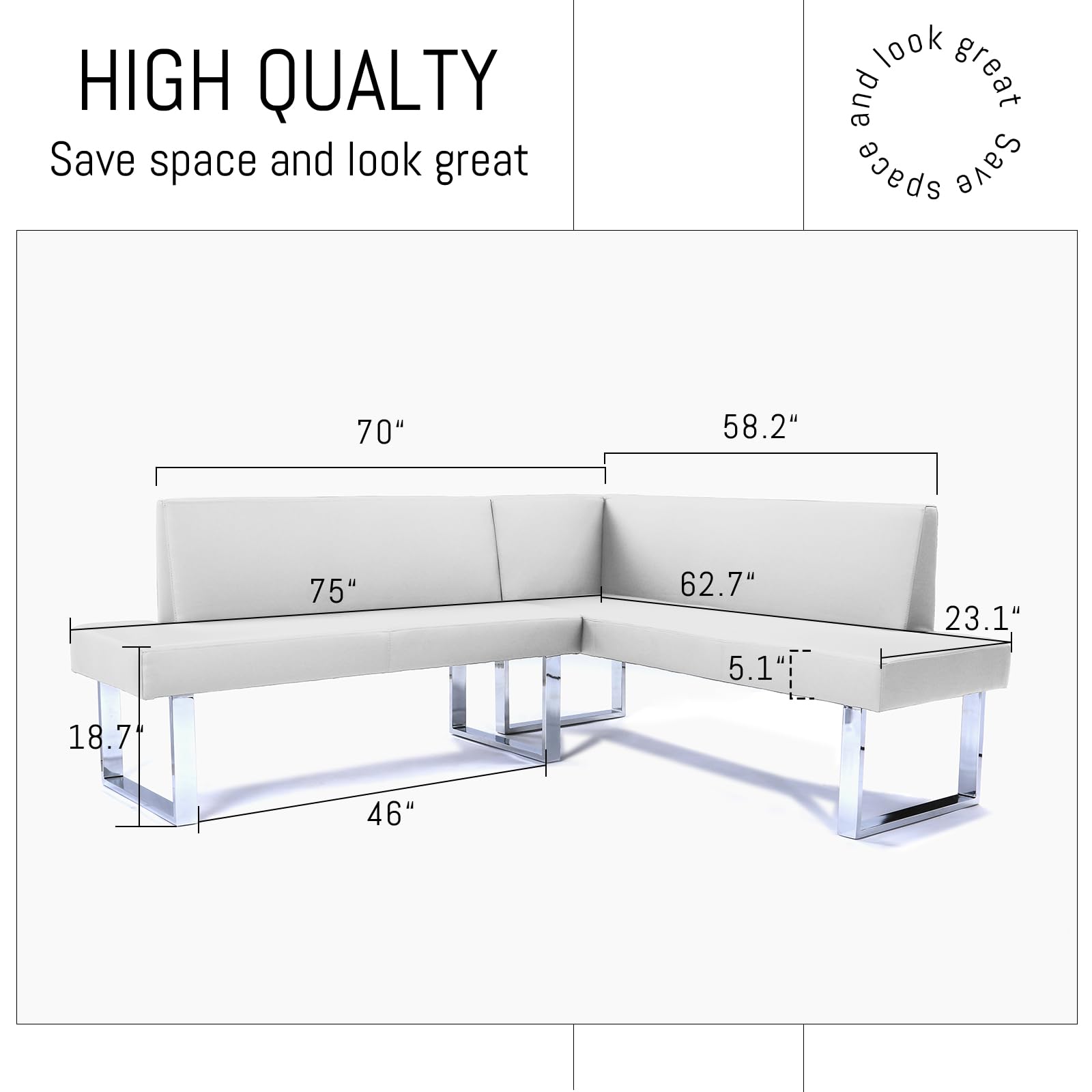 jiexi PU Leather Luxury L Shape Bench, Corner Nook with Metal Leg for Family Kitchen, Sectional Sofa for Living Room, Office, Table is not Included (White)