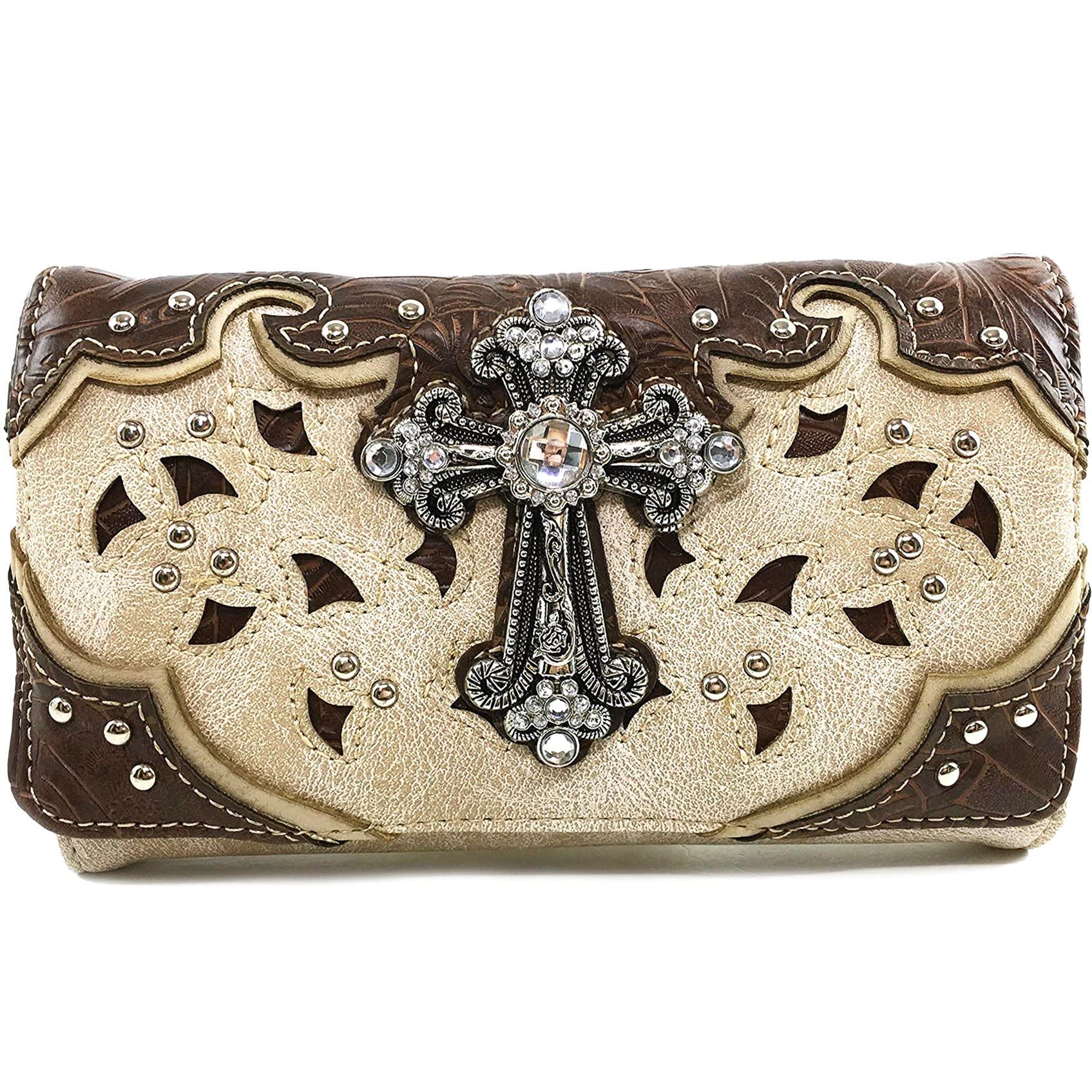 Justin West Tooled Leather Laser Cut Turquoise Rhinestone Cross Concho Studded Messenger Handbag with CrossBody Strap (Purple Messenger Only)