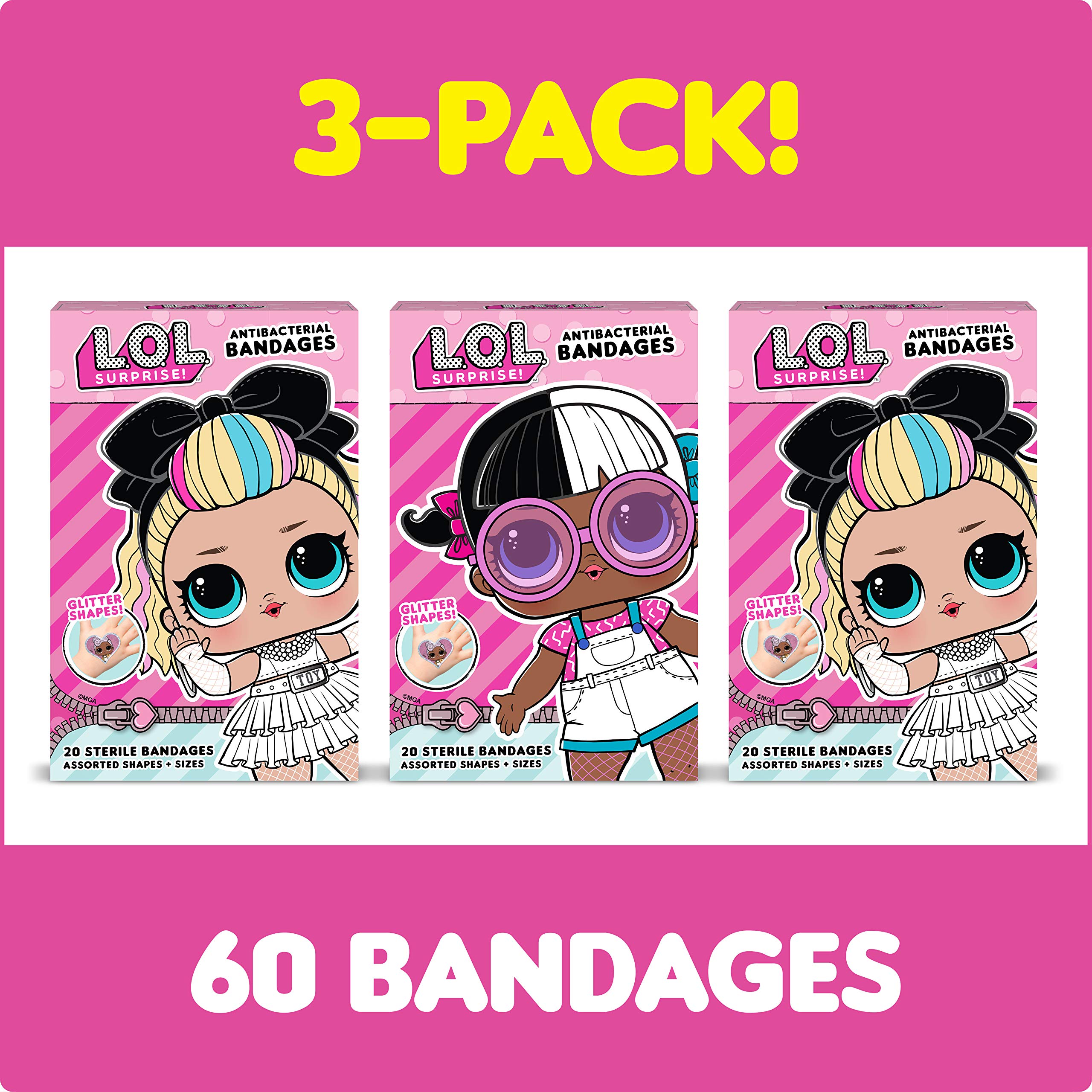 LOL Surprise! Shapes Glitter Kids Bandages, 20 CT, 3 Pack | Wear Like Stickers, Adhesive Bandages for Minor Cuts, Scrapes, Burns. Great Stocking Stuffer or White Elephant