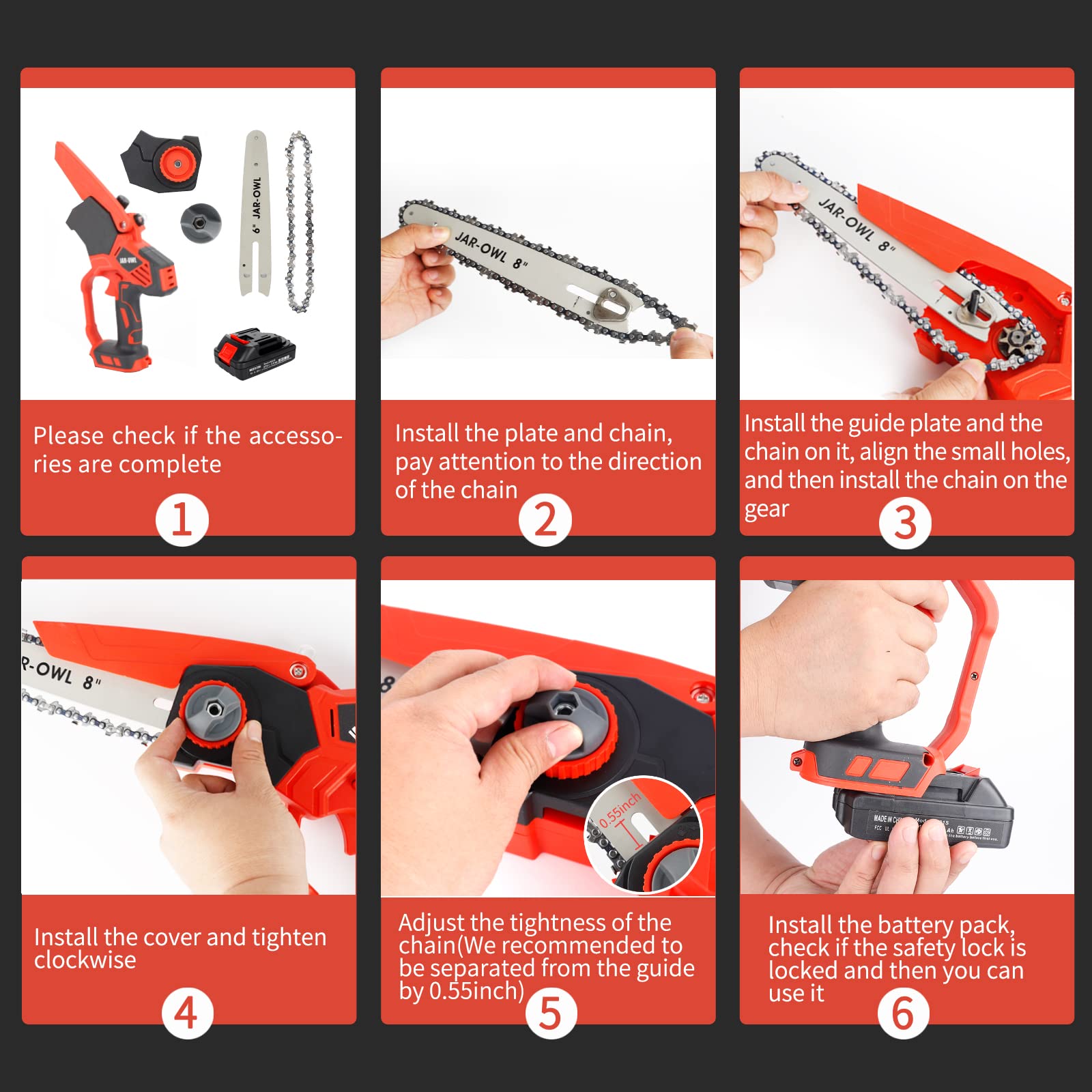 Jar-Owl 21V 8-inch & 6-inch 2.8Lb Cordless Mini Chainsaw - High-end Upgrade with Handheld Electric Auto Oiling System and 2 Big 2000mAh Batteries for Pruning and Cutting Branch Trees