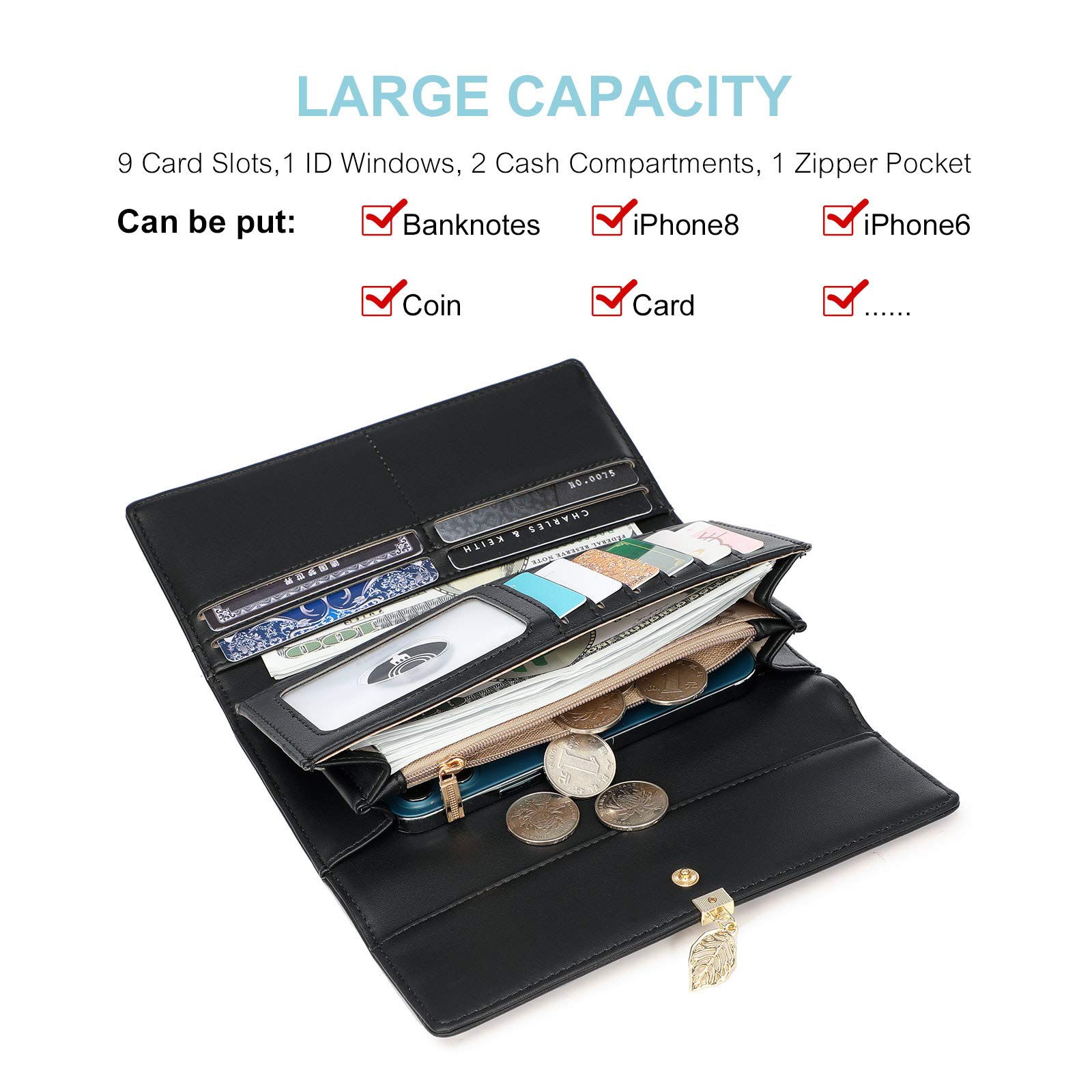 Loiral Womens Wallet RFID Long Trifold Wallet PU Vegan Leather Leaf Card Holder with Zipper Pocket