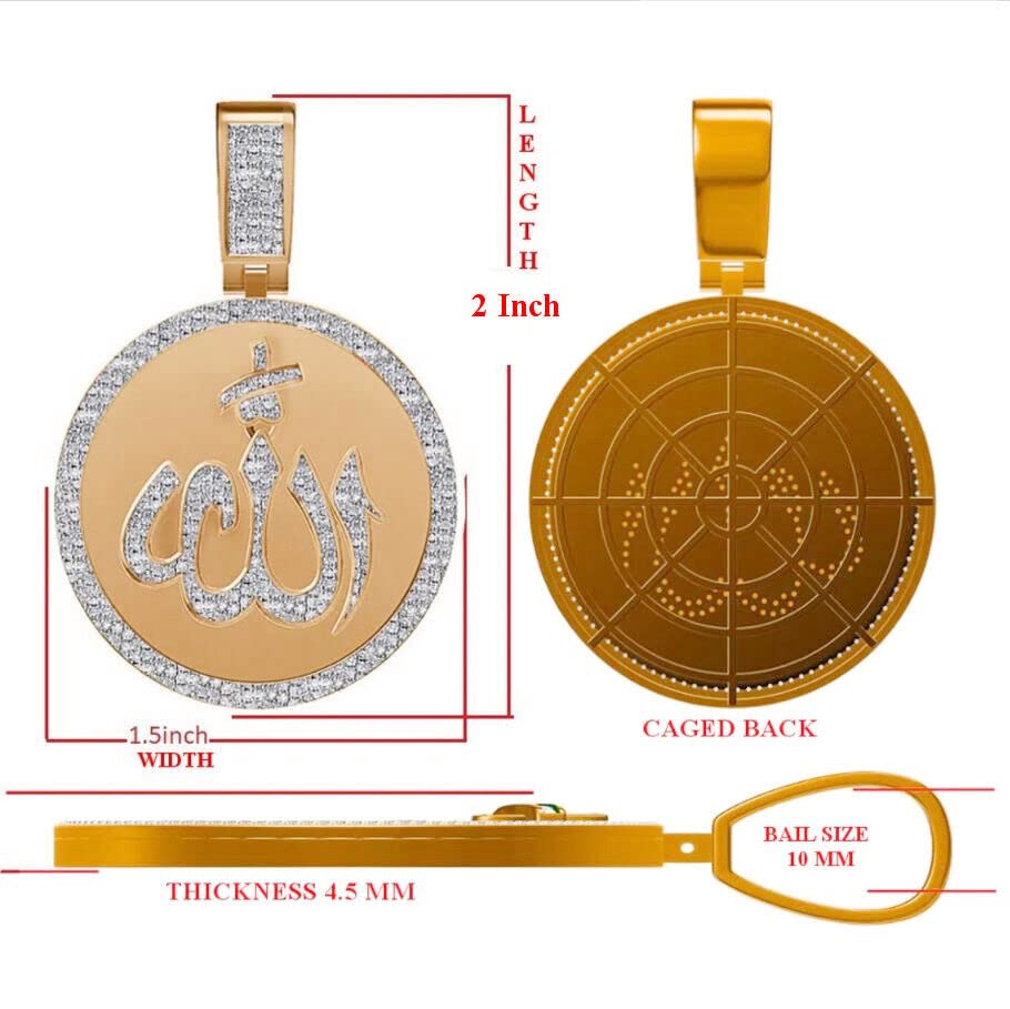 Real Genuine Authentic Diamond 0.60 Cwt. 15+ Grams Allah God Muslim Arabic Islamic Medallion 10K Solid Gold Over Unisex Charm Pendant 2'' (White Gold Finish)