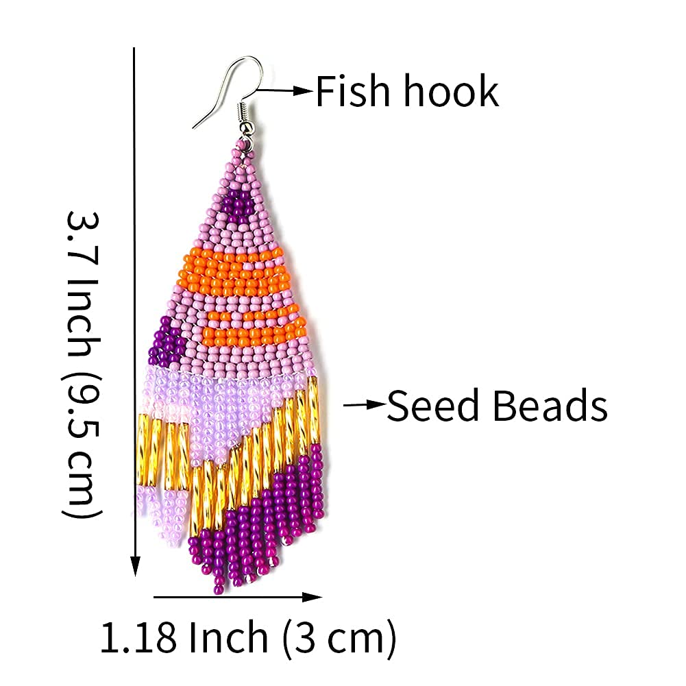 Luluping Beaded Tassel Earrings β Bohemian Native Statement Seed Bead Dangle Earrings for Women, Boho Statement Handmade Beaded Drop Fringe Earrings (Purple B)