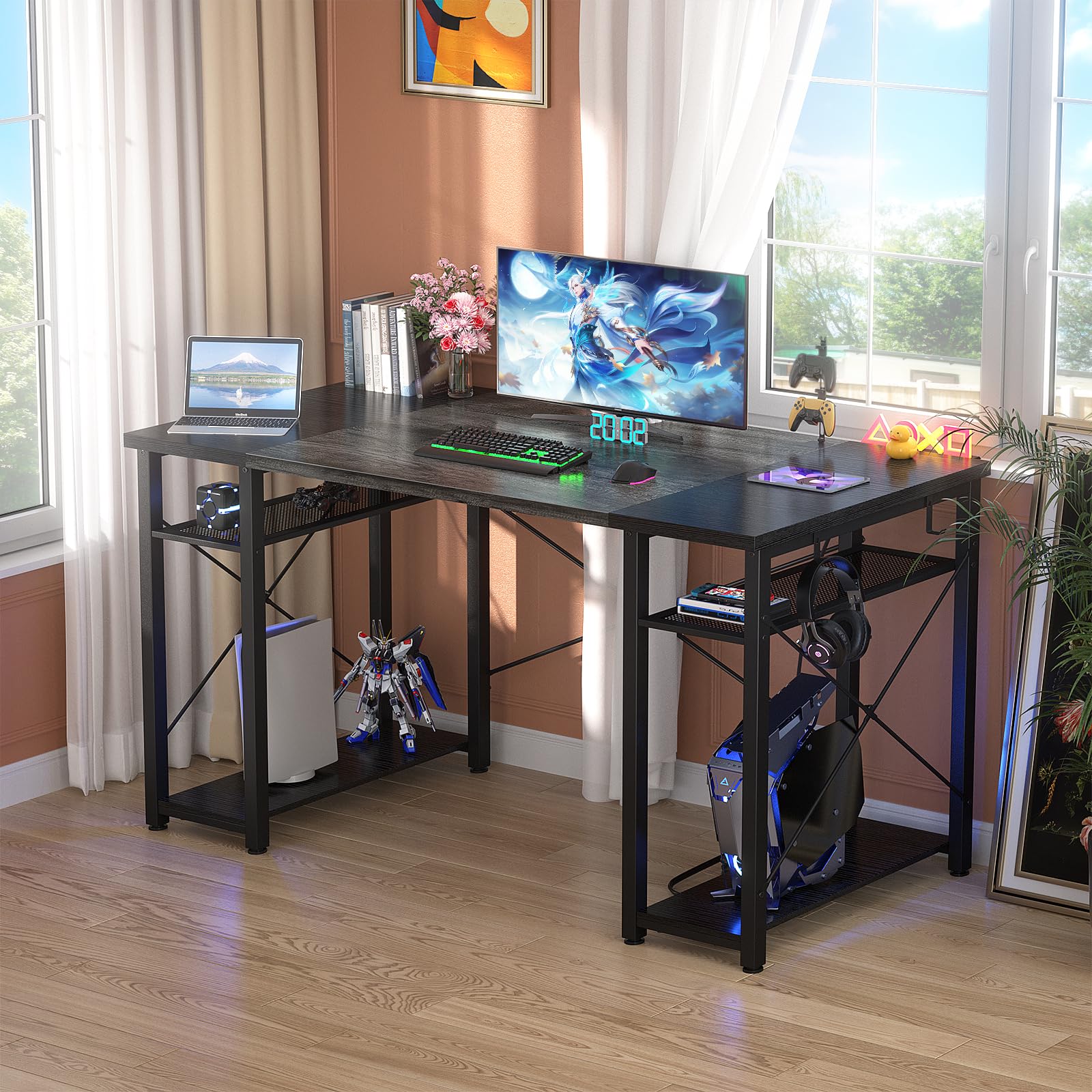 iSunirm 48 Inch Computer Desk, Large Office Desk with 4 Storage Shelves, 48'' Study Writing Table with CPU Stand, Sturdy PC Desk for Home Office, Bedroom, Gaming Room, Grey and Black