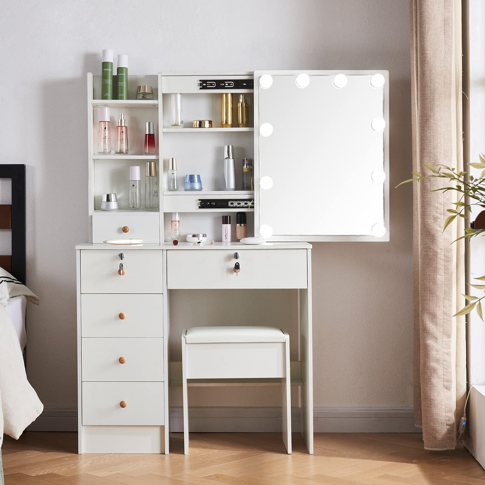 Jarbalai White Makeup Vanity Dressing Table with Sliding LED Lighted Mirror, Modern Vanity Set with 5 Drawers and Cushioned Stool, Makeup Vanity Desk Dresser for Bedroom