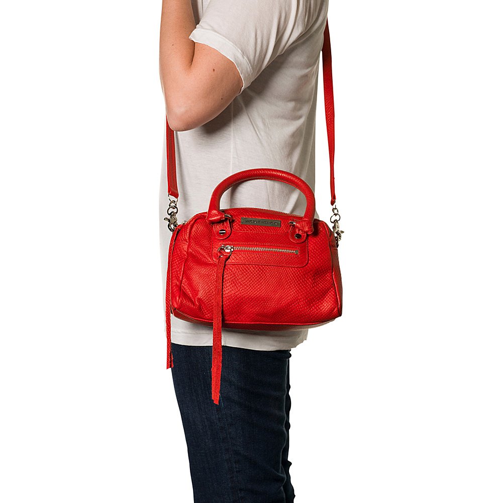 Jacki Easlick leather handbag for women, mini satchel bag, embossed texture, color is black, includes long crossbody strap