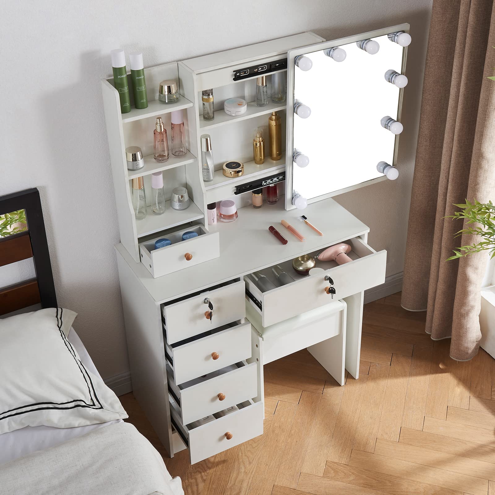Jarbalai White Makeup Vanity Dressing Table with Sliding LED Lighted Mirror, Modern Vanity Set with 5 Drawers and Cushioned Stool, Makeup Vanity Desk Dresser for Bedroom