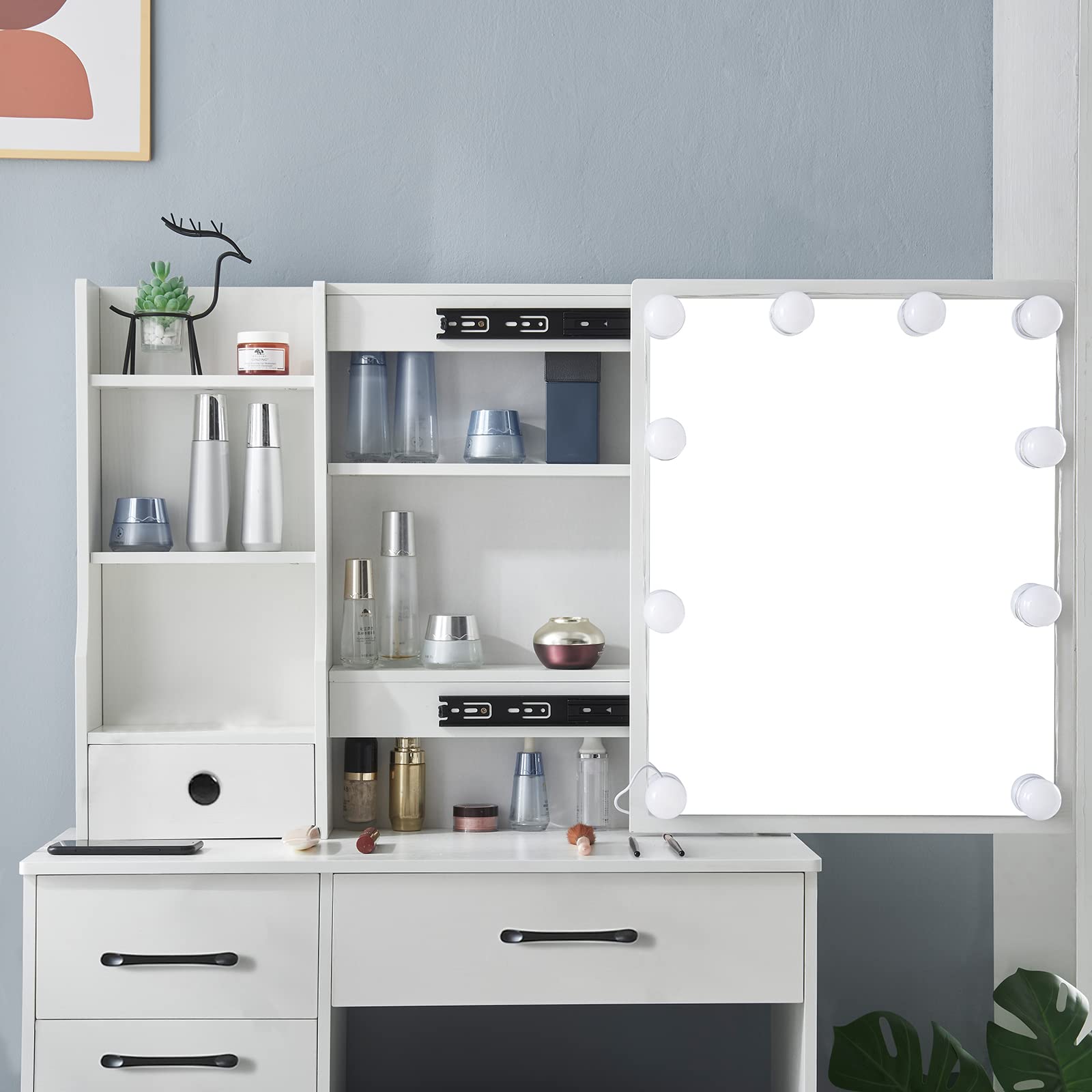 Jarbalai White Vanity Desk Makeup Table with Sliding Lighted Mirror, Modern Dressing Table with 5 Drawers and Cushioned Stool for Bedroom Furniture, Large Vanity Set Dresser