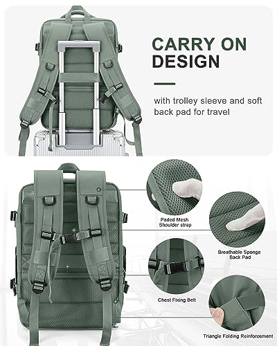 Large Travel Backpack for Women Carry On Airline Flight Approved Expandable Work Personal Item size Backpack Bag with Laptop compartment for College Men Waterproof Hiking Mochila de Viaje Green