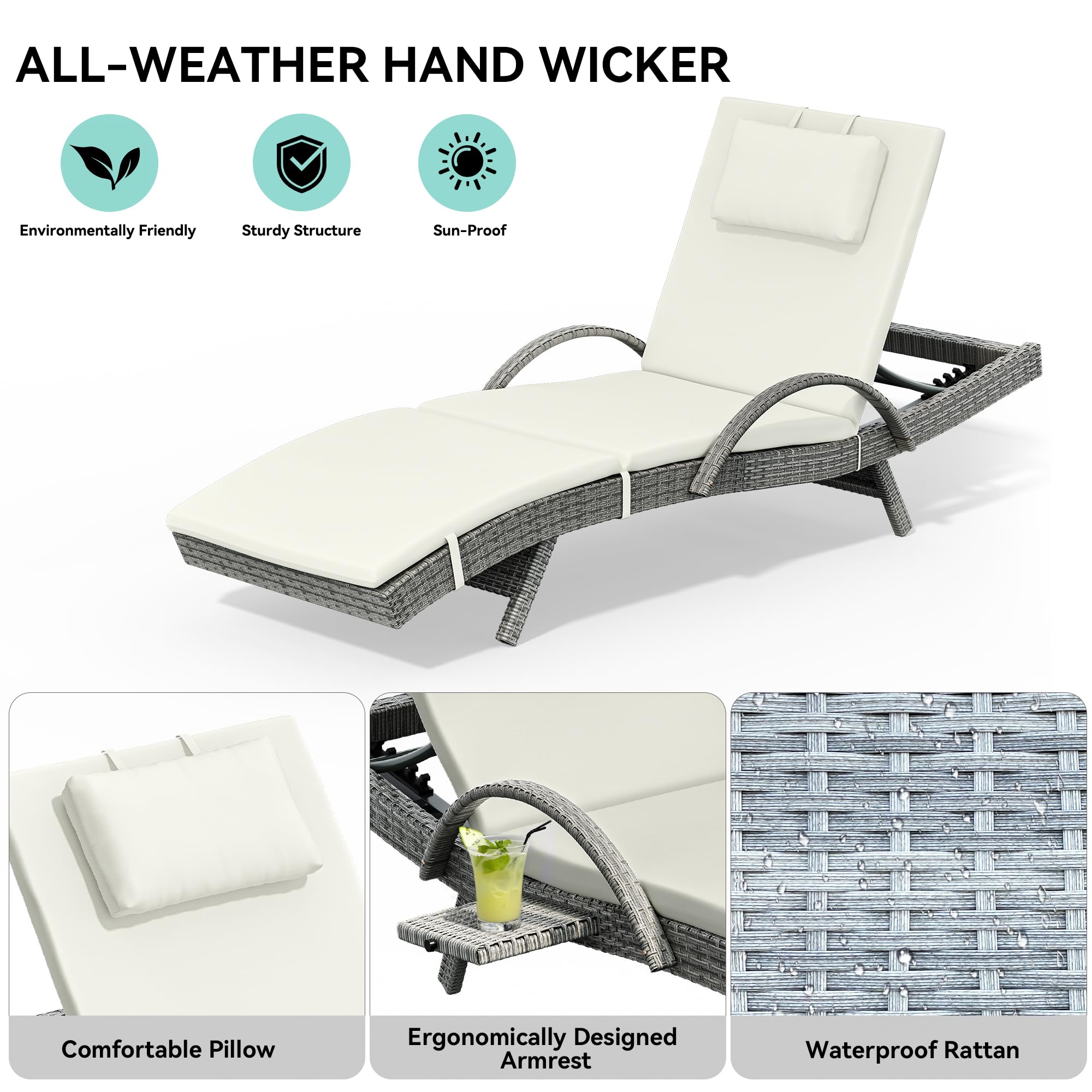 YITAHOME Patio Chaise Lounge Chair Set of 2, Wicker Chaise Lounge Outdoor Rattan Reclining Chair with Armrests/Pull-Out Cup Holder/5-Position Backrest/Cushion & Headrest-Beige
