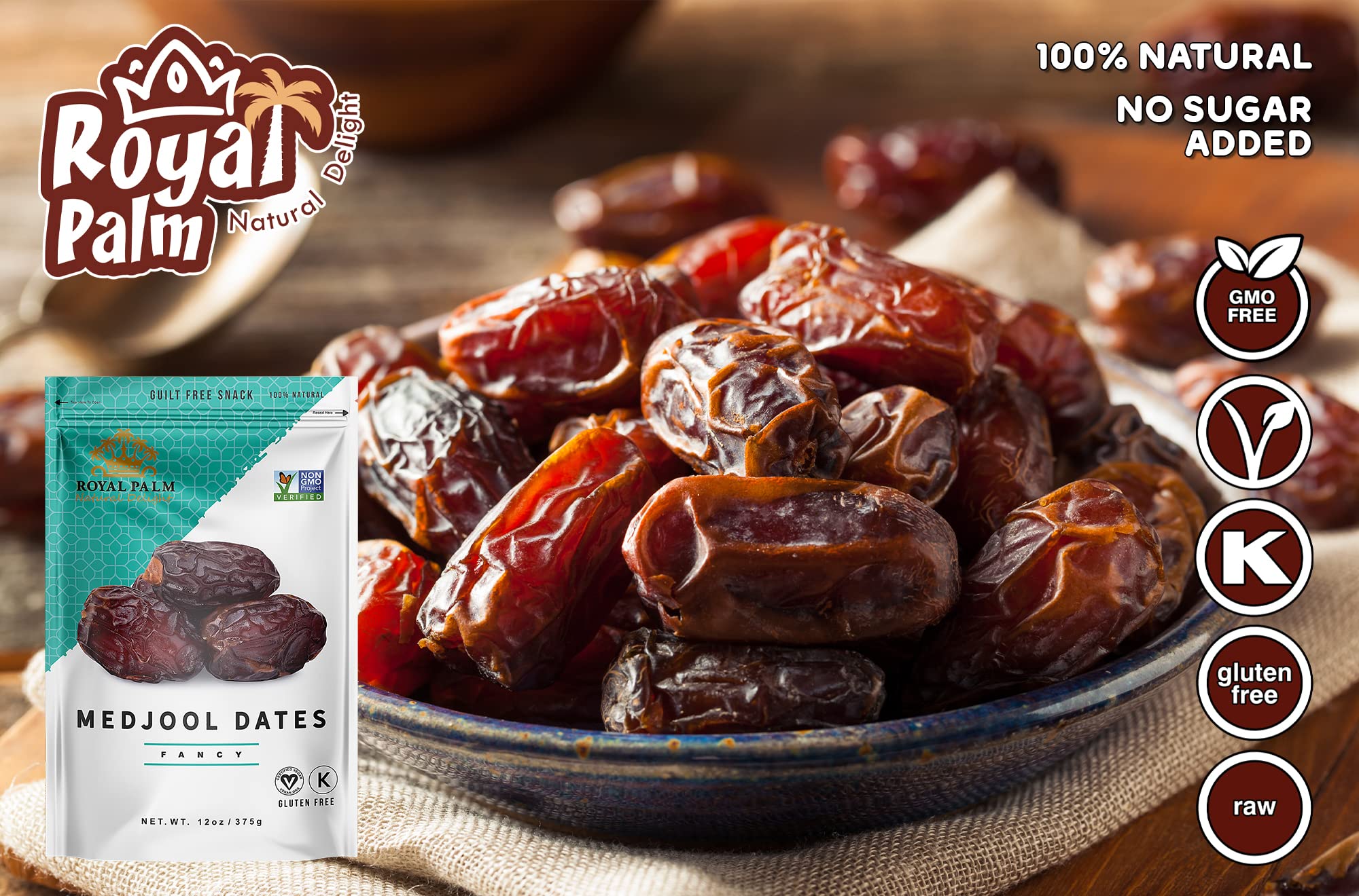 Medjool Dates | Royal Palm | 12oz | 100% Natural | NO Sugar Added | Non GMO | Kosher - 1 Bag