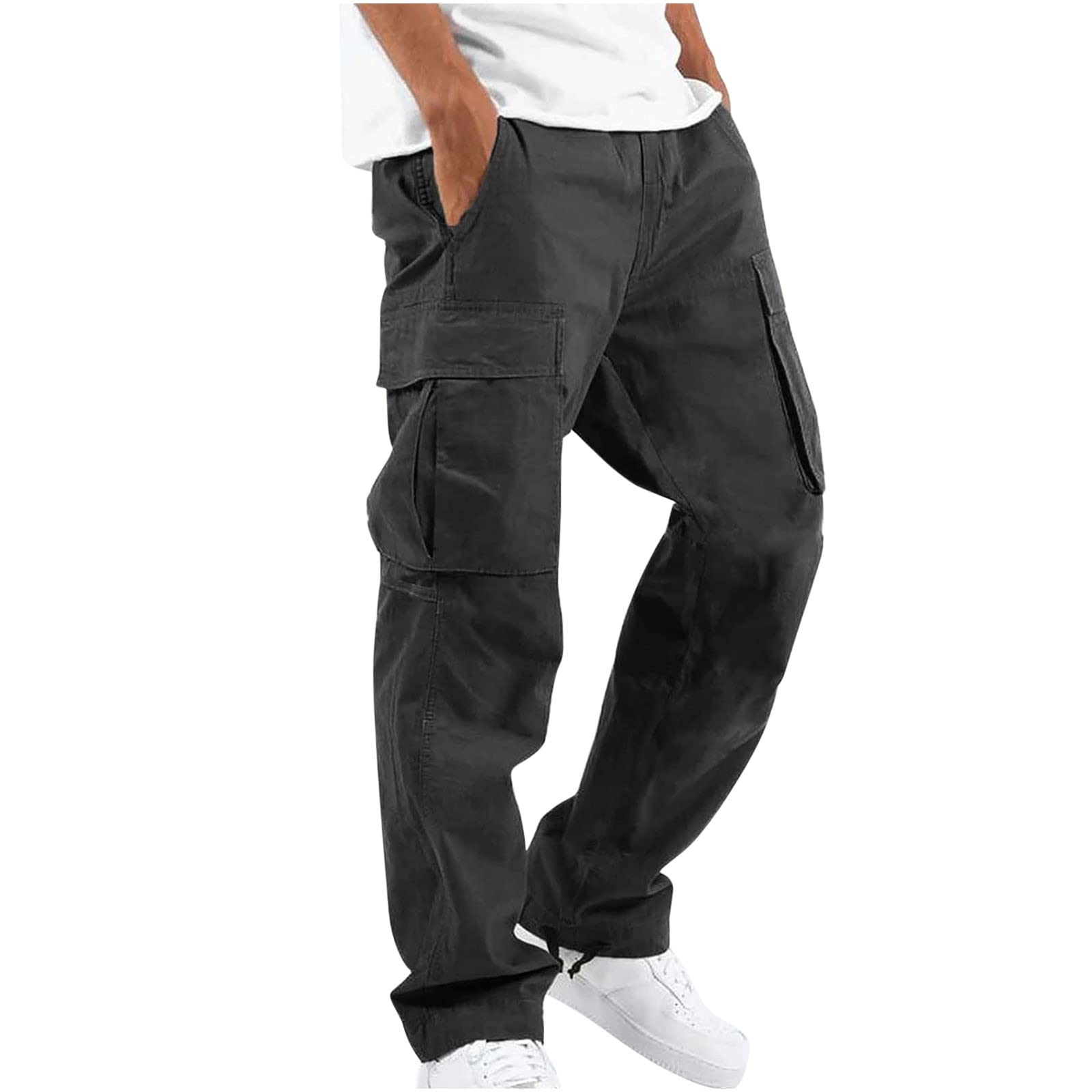 Mens Cargo Pants Plus Size Casual Outdoor Gym Pants with Pockets Solid Color Drawstring Trousers Streetwear
