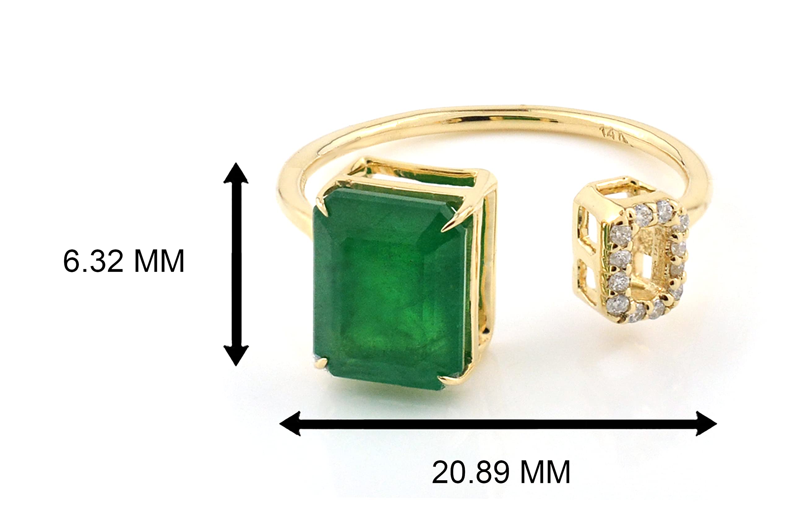 Mirahi 2.51 CT Emerald Diamond Ring, Open Cuff Ring in 14k Yellow Gold, Adjustable Rings for Women