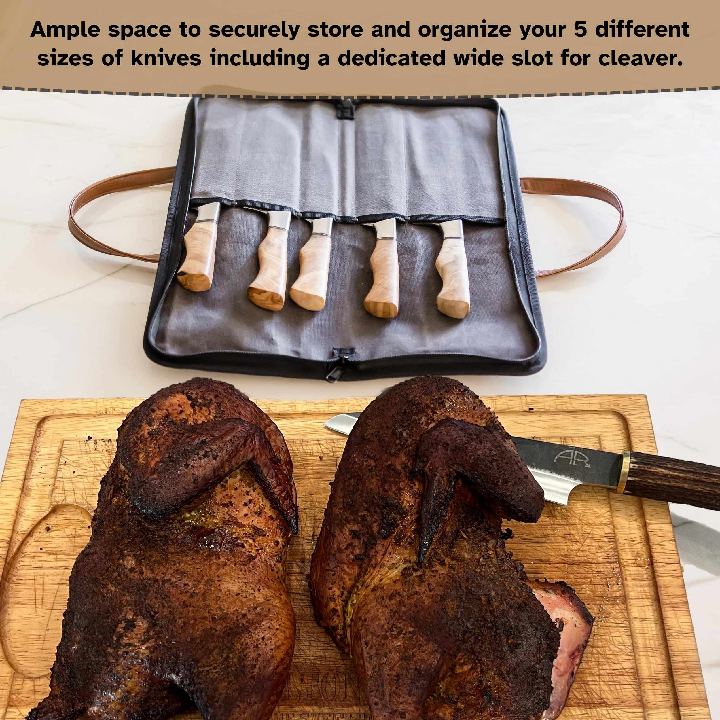 Knife Bag - Durable Waxed Canvas Chef Bag with zipper pocket & 5 slots for knives and kitchen tools, Knife roll for Knives & Kitchen Tools - Knife case for travel