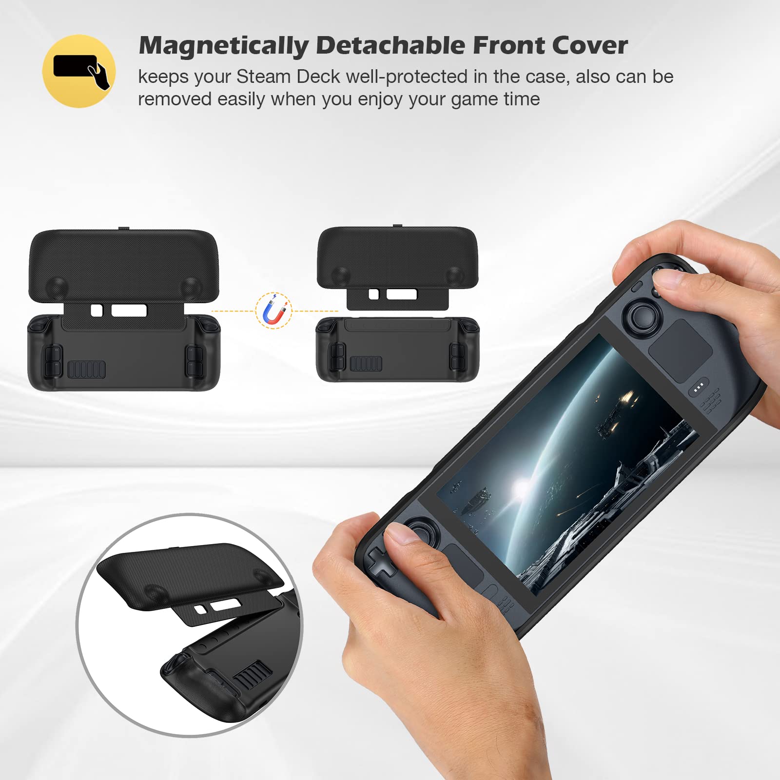 ProCase Flip Cover Case for Steam Deck with Tempered Glass Screen Protectors, Soft Protective Grip Case with Magnetically Detachable Front Shell Cover -Black