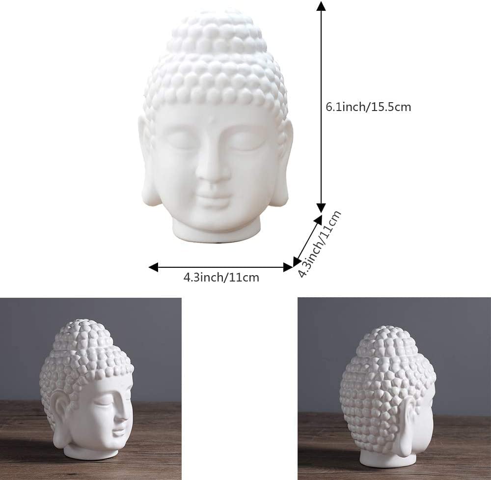 Kunze Land Zen Buddha Head Statue, Medium Temperature Ceramic White Glaze Process, Smooth Surface, Garden Yoga Meditation, Home Living Room Office Decorations