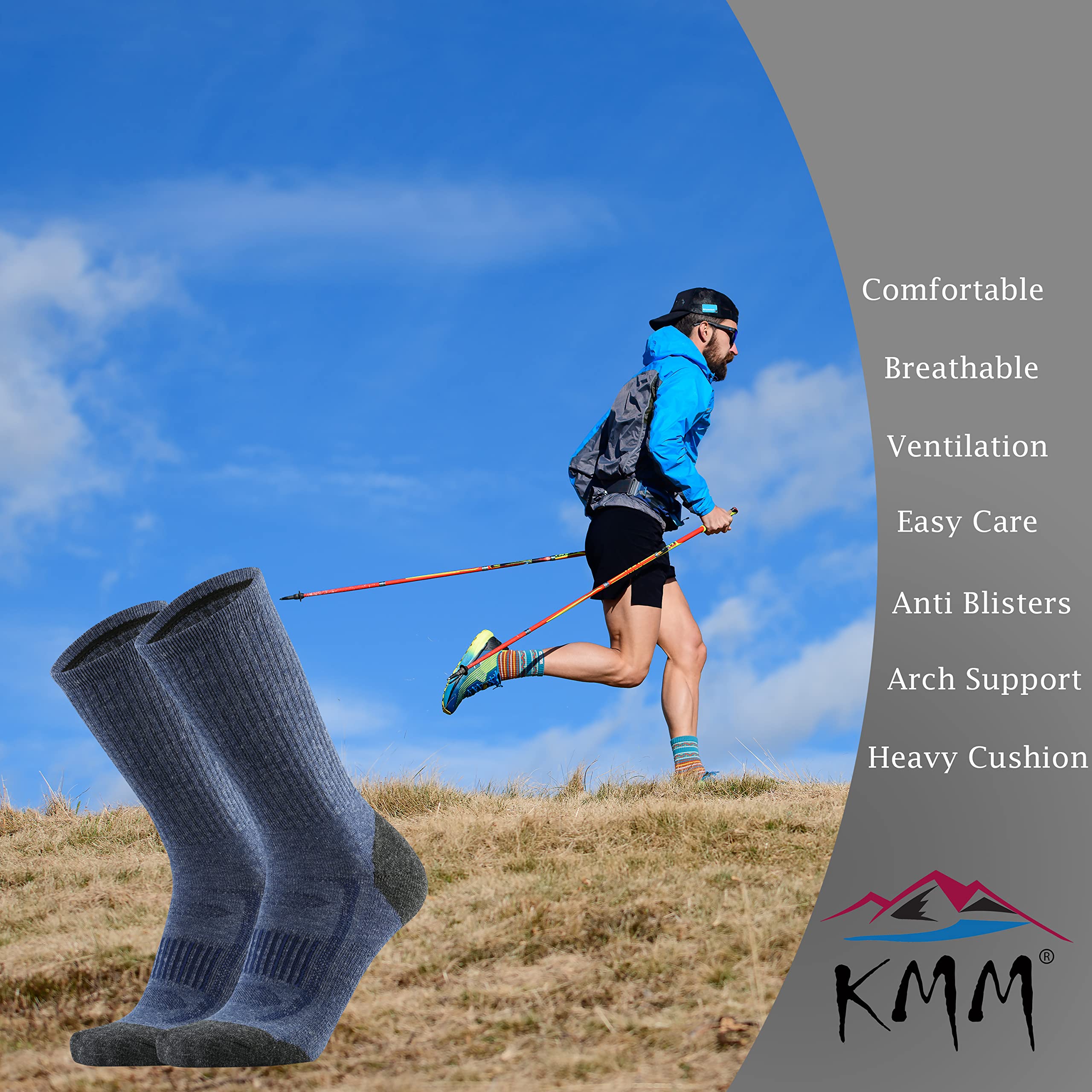 KMM Men's Merino Wool Cushion Crew Socks Moisture Wicking Control Medium Weight Warm for Outdoor Hiking Hike Trail Cycling(Denim L)