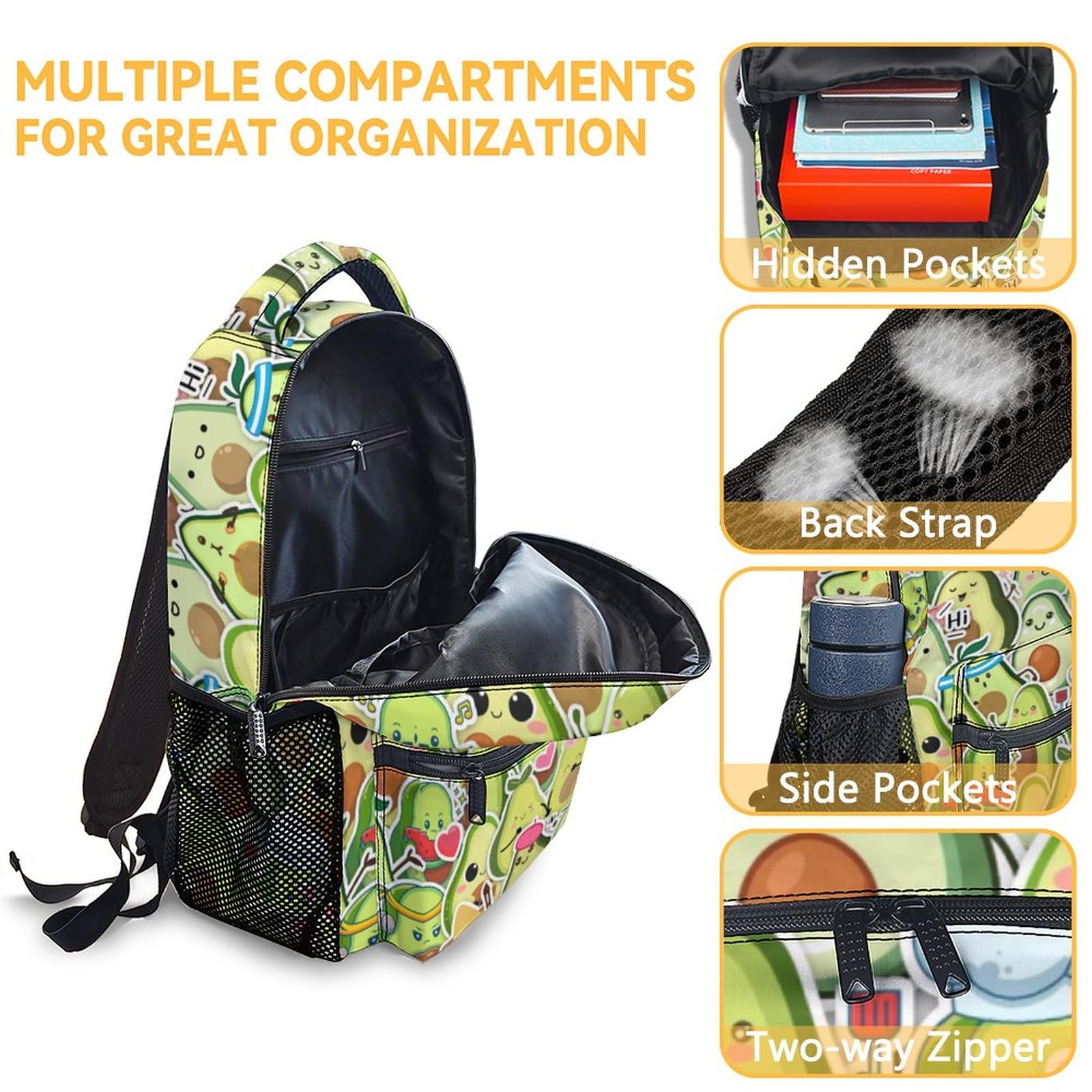 KNOWPHST Avocado Backpacks for Girls, Boys - 16 Inch Funny Backpack for School - Green, Large Capacity, Durable, Lightweight Bookbag for Kids, Travel