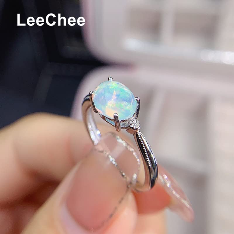 Real Opal Ring 6x8MM Natural Colorful Gemstone Fine Jewelry 925 Sterling Silver for Women Anniversary Party Gift Simple Design