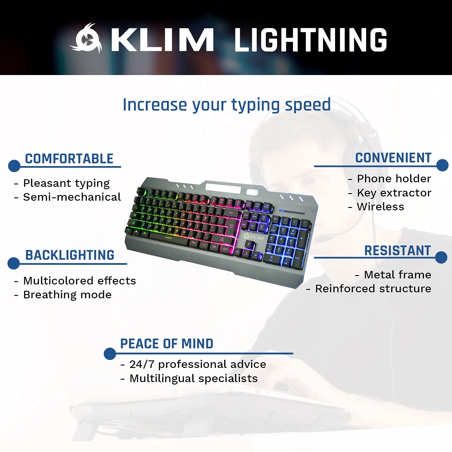 KLIM Lightning Wireless Keyboard US New 2024 + Metal Frame and Durable Keys + Mechanical Feel Keyboard for PC PS4 PS5 + 5-Year Warranty + Wireless Gaming Keyboard with Bright Rainbow Backlighting