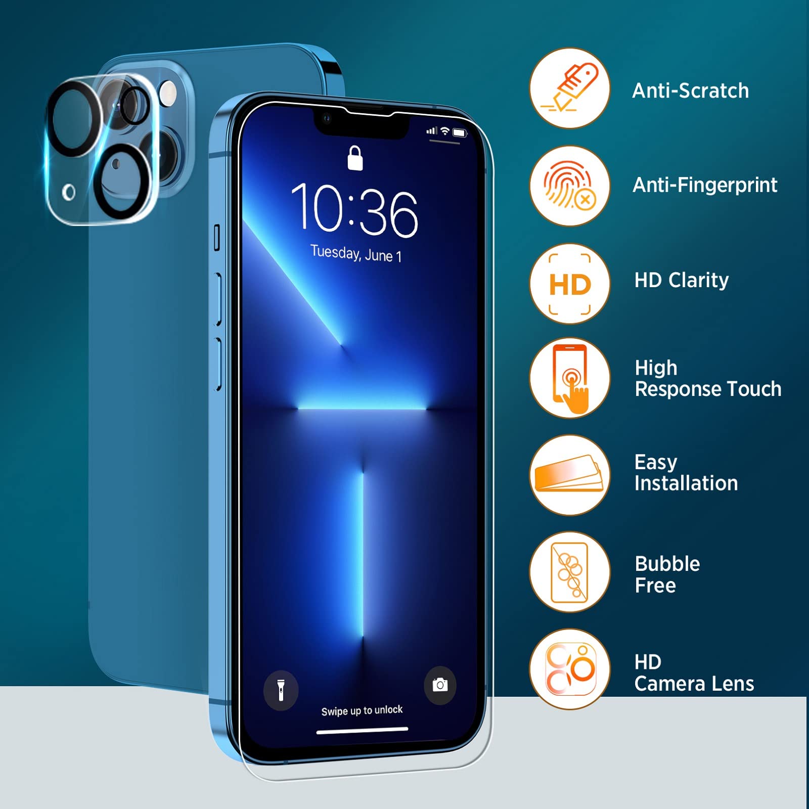 UPIRT 3 Pack iPhone 13 Screen Protector with 3 Pack Camera Lens Protector, iPhone 13 Screen Protector Tempered Glass, 6.1 inch, Scratch Resistant, Easy Installation