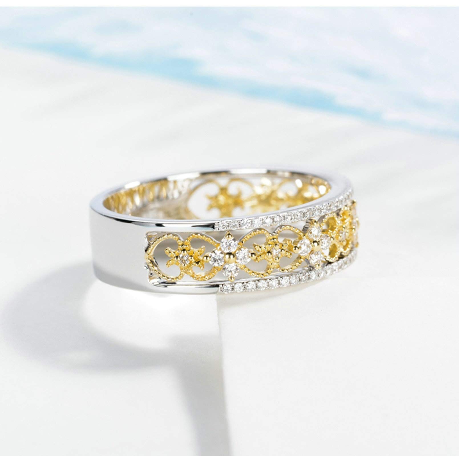 KnBoB Women Hollow Flowers Round Shape 0.31ct Diamond Ring 18K Gold Promise Wedding Engagement Bridal Anniversary Ring Size 4