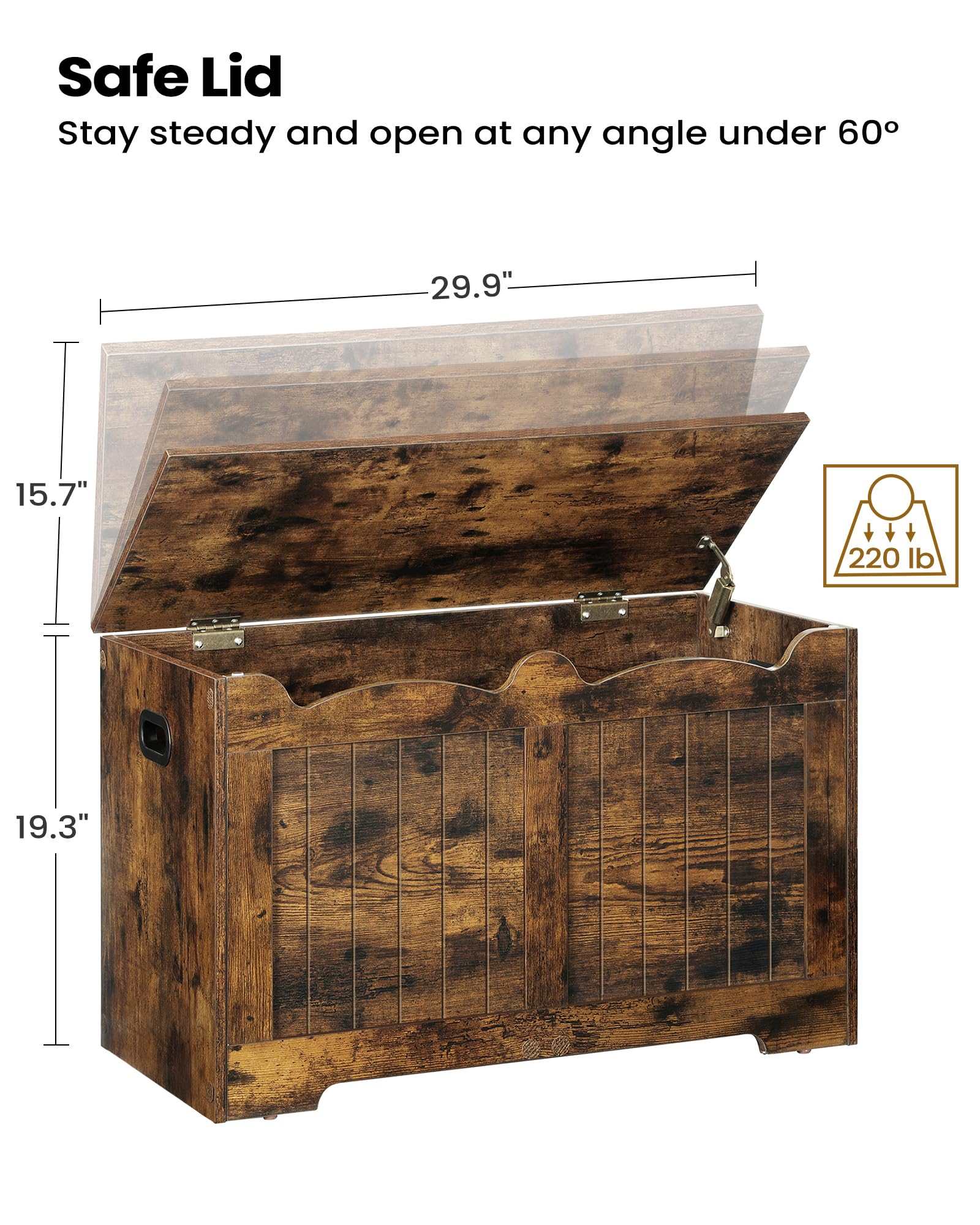 Hzuaneri Storage Chest, Storage Trunk with Safety Hinge, 29.9" Lift-Top Storage Bench, Wooden Storage Organizer, Shoe Bench for Entryway, Bedroom, Living Room, Rustic Brown SB04401X