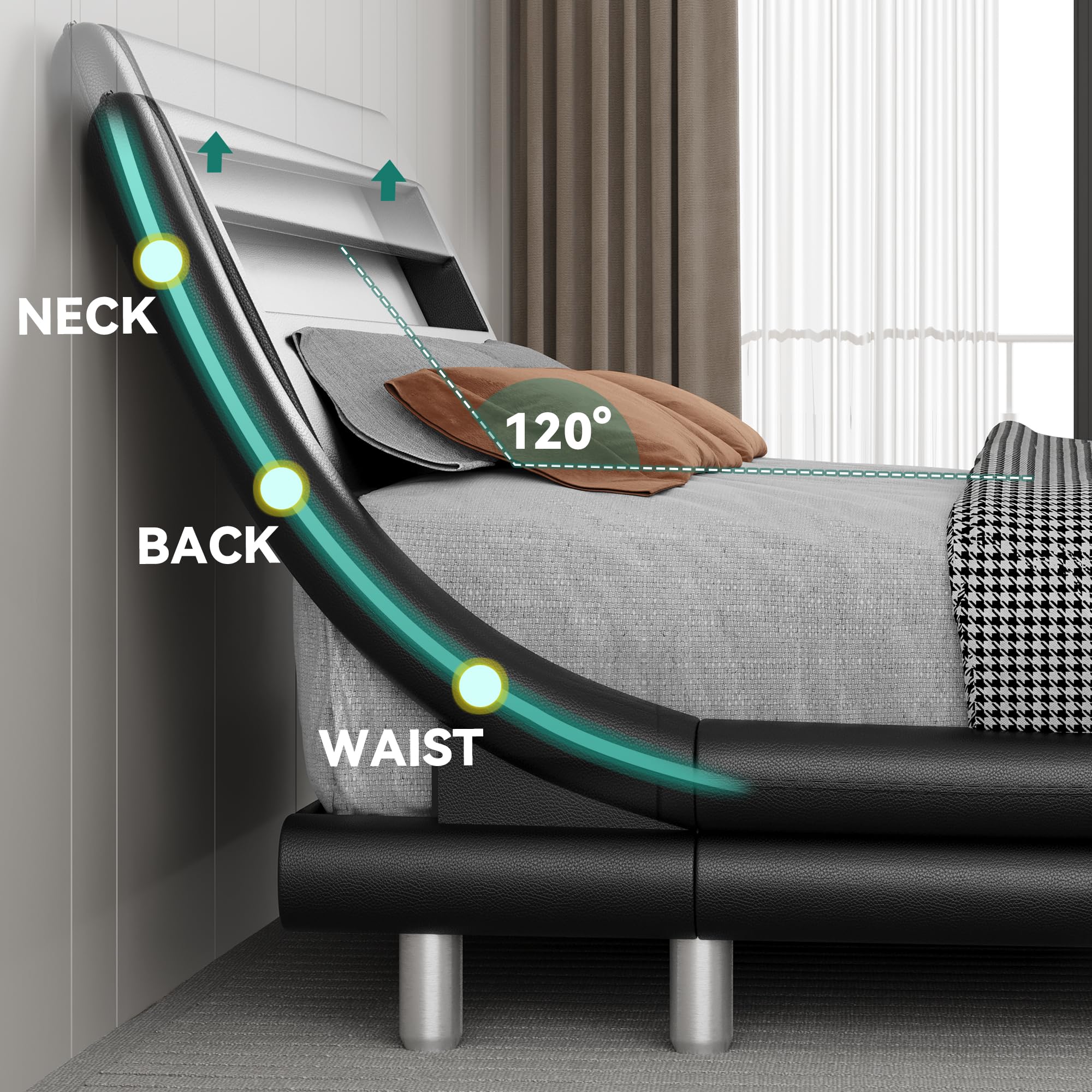 YITAHOME Queen Bed Frame with Ergonomic Headboard,Upholstered Led Bed Frame with Lights & Storage Charging Station,Platform Bed Frame with Premium Pu Leather/No Box Spring Needed,Black