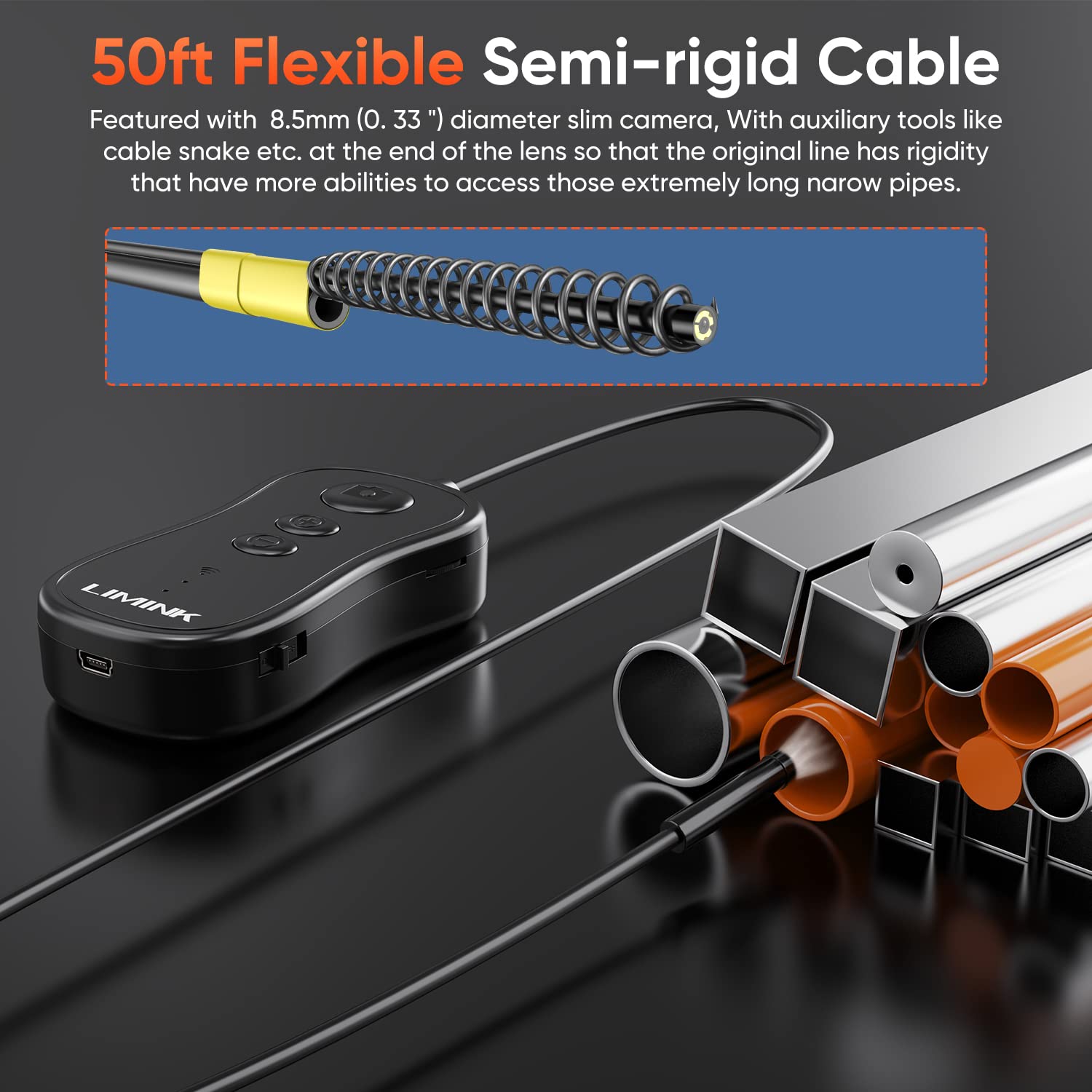 Wireless Endoscope, LIMINK 50Ft Snake Camera, Inspection Camera with Ip67 Waterproof, WiFi borescopes 2.0 MP HD Drain Camera for Android and iOS Smartphone, iPhone, iPad, Samsung -Black(50FT)
