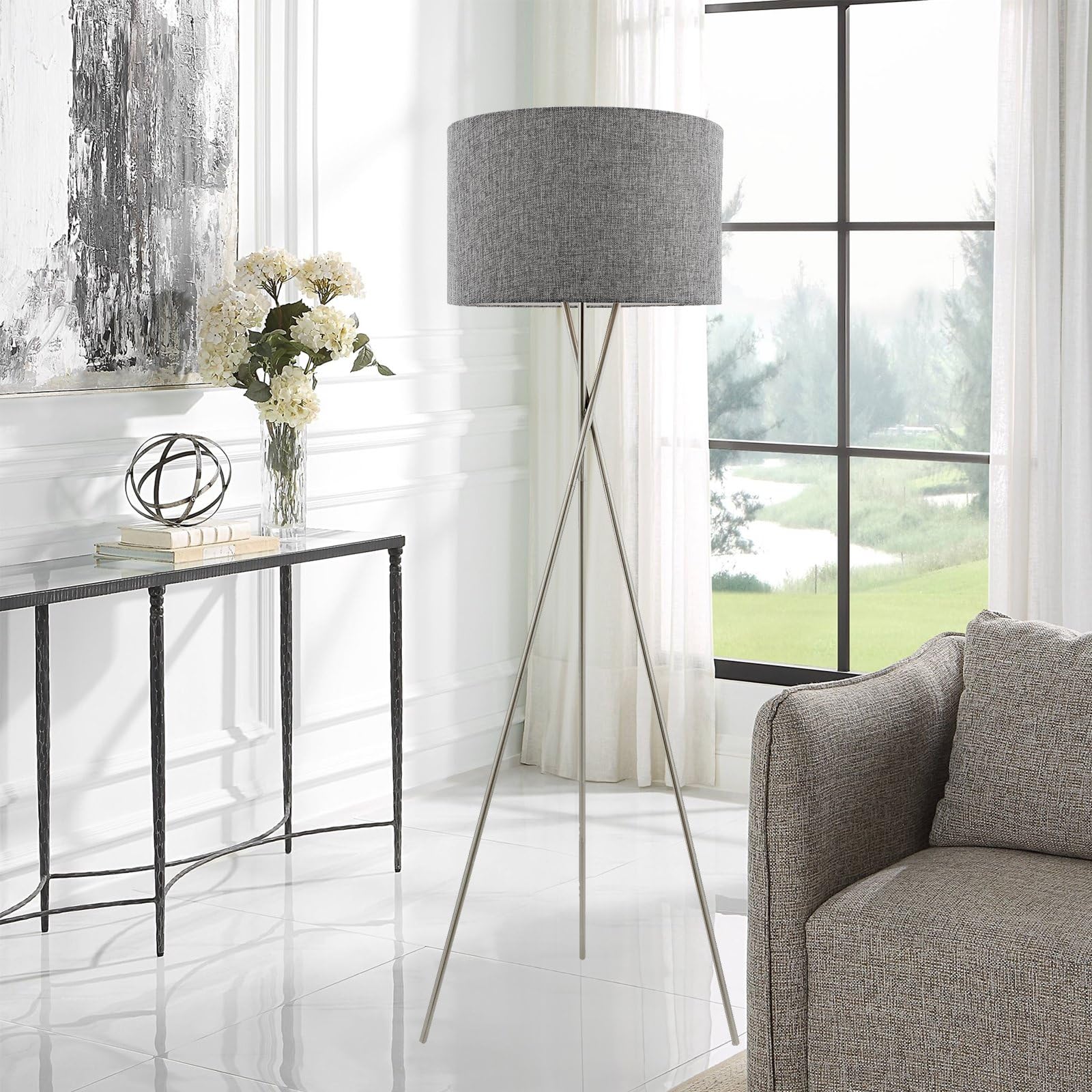 Kira Home Sadie 60" Mid Century Modern Tripod LED Floor Lamp + 9W Bulb (Energy Efficient/Eco-Friendly), Gray Drum Shade, Brushed Nickel Finish