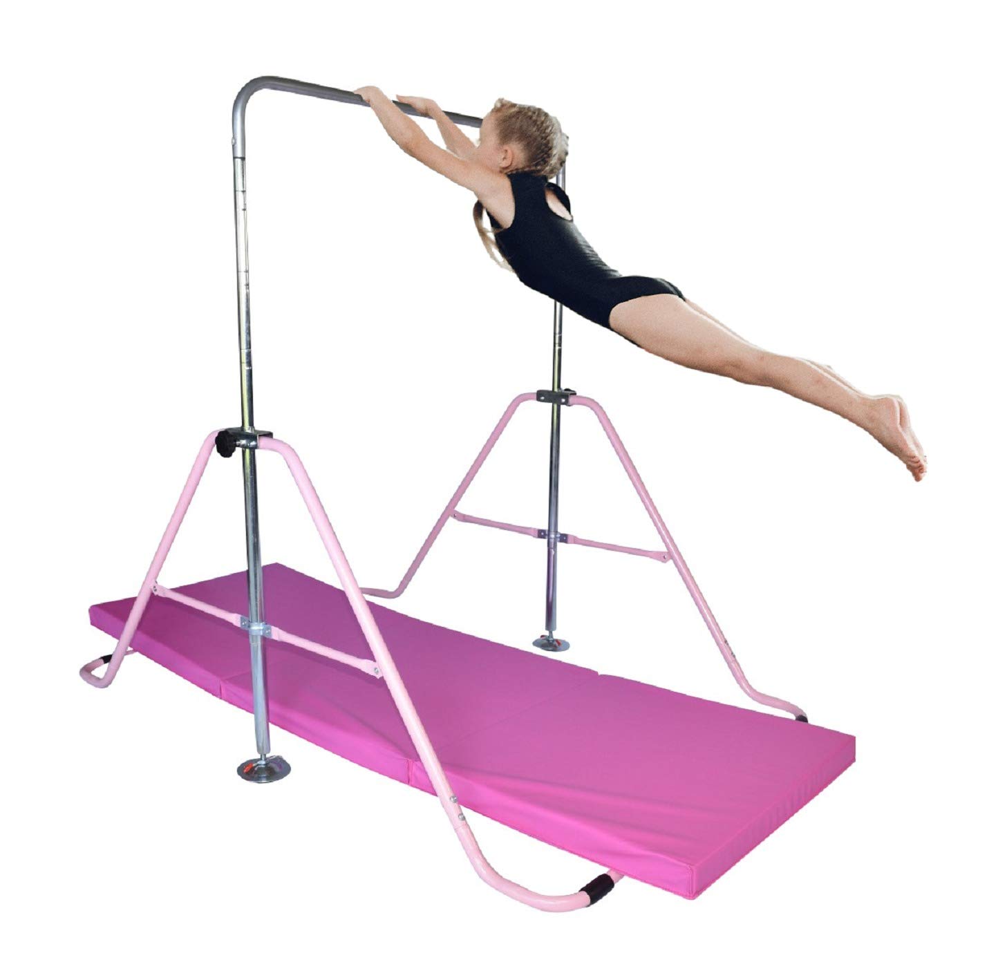 Kids Jungle Children Monkey Bar Gymnastics Athletic Expandable Kip Balance Bars Junior Training Play Gym Pink with 2Ft x 6Ft Gymnastic Mat
