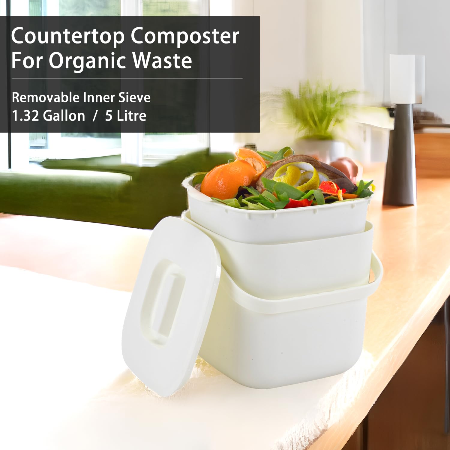 Kitchen Compost Bin with Lid, Countertop Composter for Organic Waste, Odour Proof, Removable Inner Sieve, Indoor Trash Can Bucket Garbage, 1.32 Gallon, Cream White