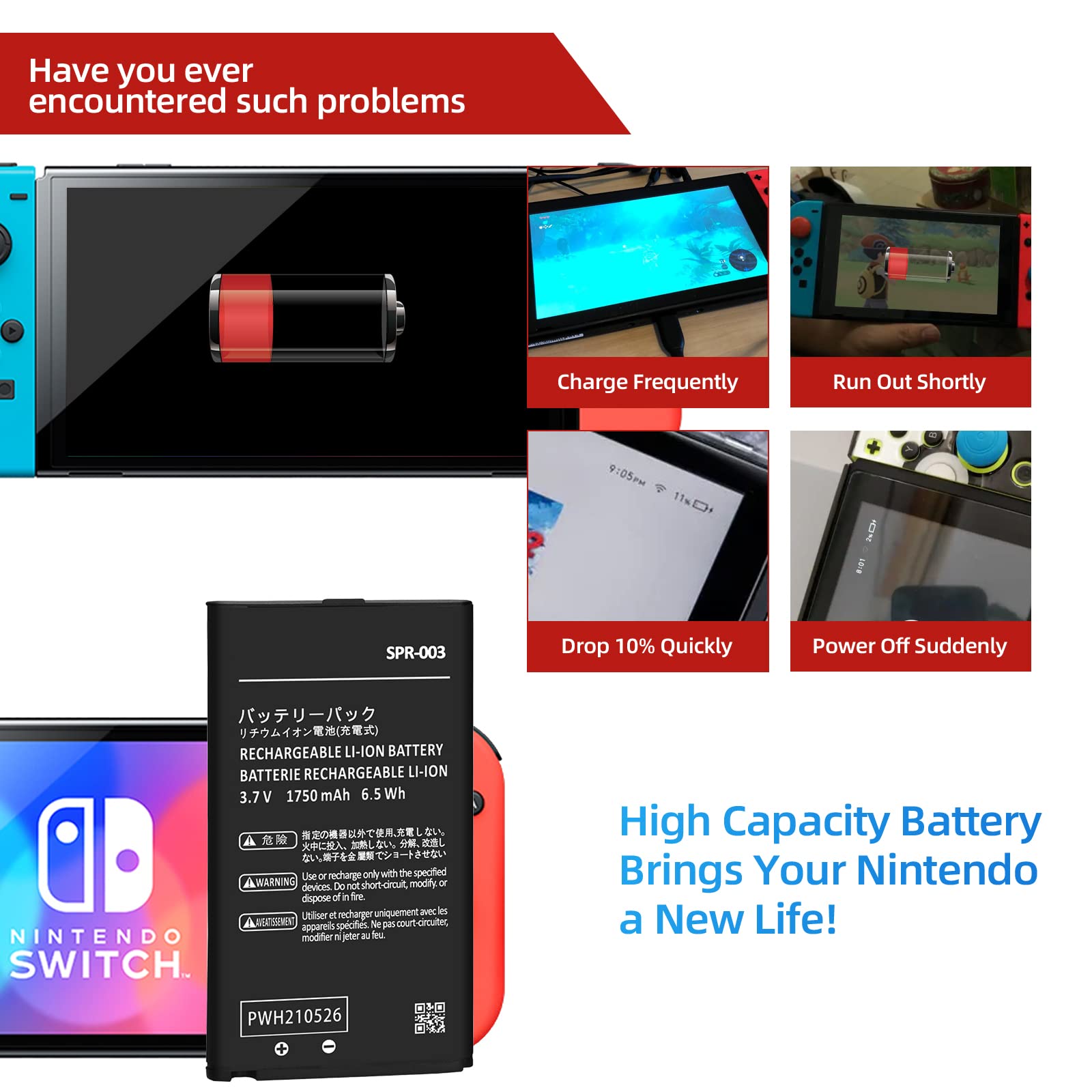 New 3DS XS SPR-003 Replacement Battery for Nintendo 3DS XL and N3DS XL, 1750Mah High Capacity Switch 3DS XL Battery, This Battery Not Compatible with Regular 3DS