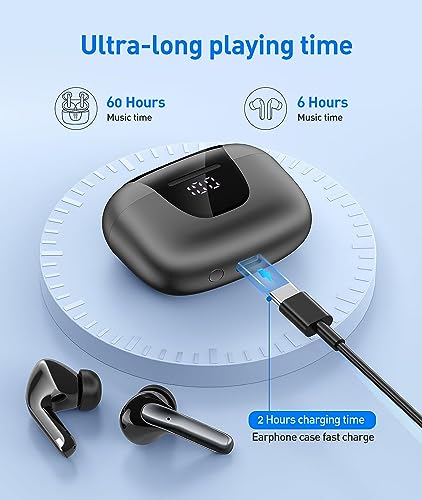 Vtkp Bluetooth Headphones True Wireless Earbuds 60H Playback LED Power Display Earphones with Wireless Charging Case IPX7 Waterproof in-Ear Earbuds with Mic for TV Smart Phone Computer Laptop Sports
