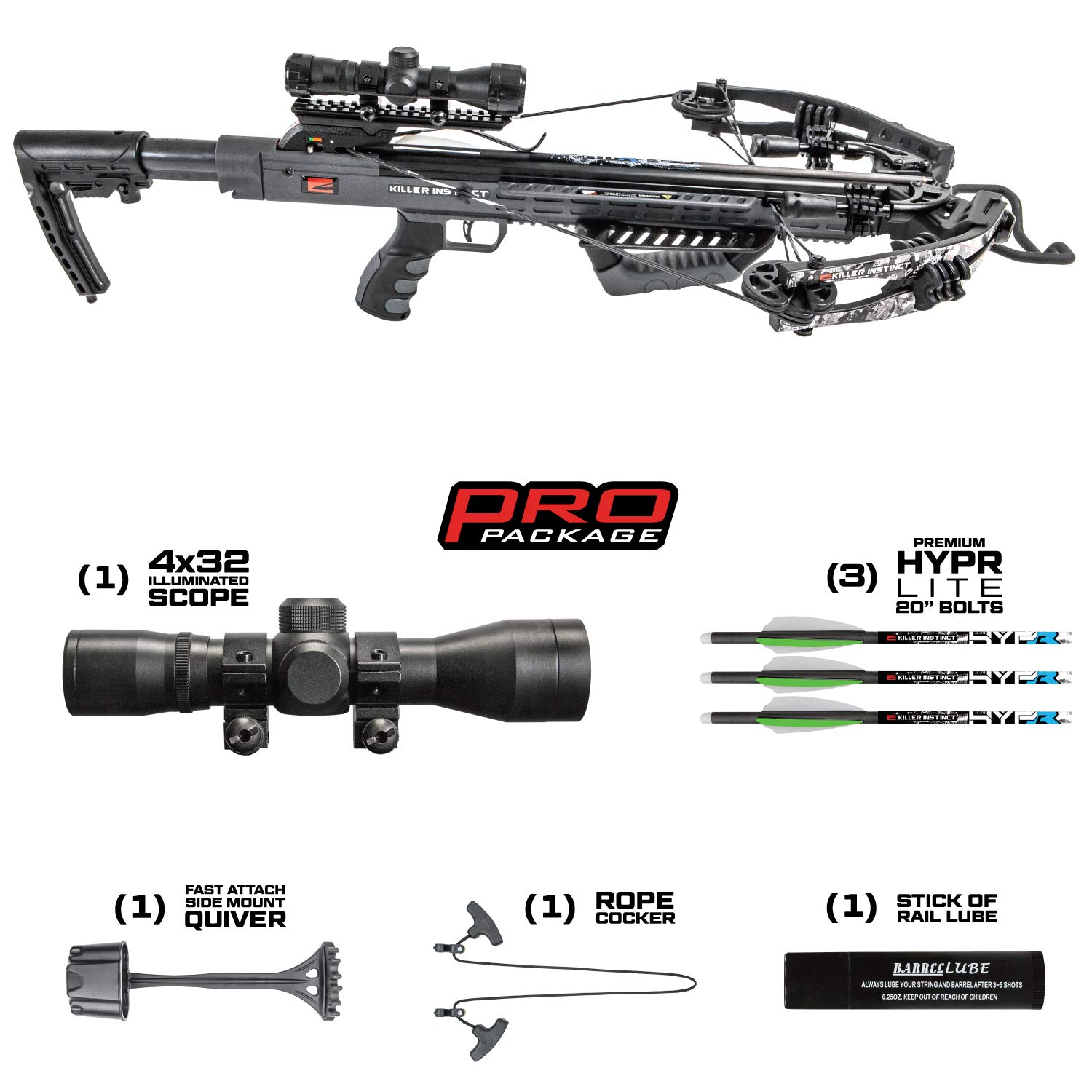 Killer Instinct Burner 415 Crossbow Package. The Burner 415 Shoots a Heart Stopping 415 FPS, Packing a Whopping 141 Foot Pounds of Kinetic Energy, All Released with a 3.5 Precision Grade Trigger.