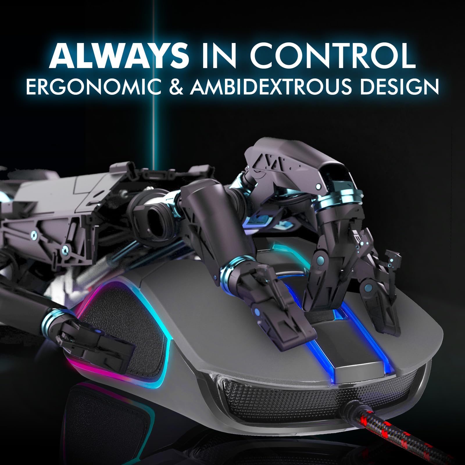 KLIM Aim Gaming Mouse - Wired Ergonomic Gamer USB Computer Mice Chroma RGB - 7000 DPI - Programmable Buttons -Ambidextrous, Ergonomic for Desktop PC Laptop USB Game High Precision Optical Laser, Black